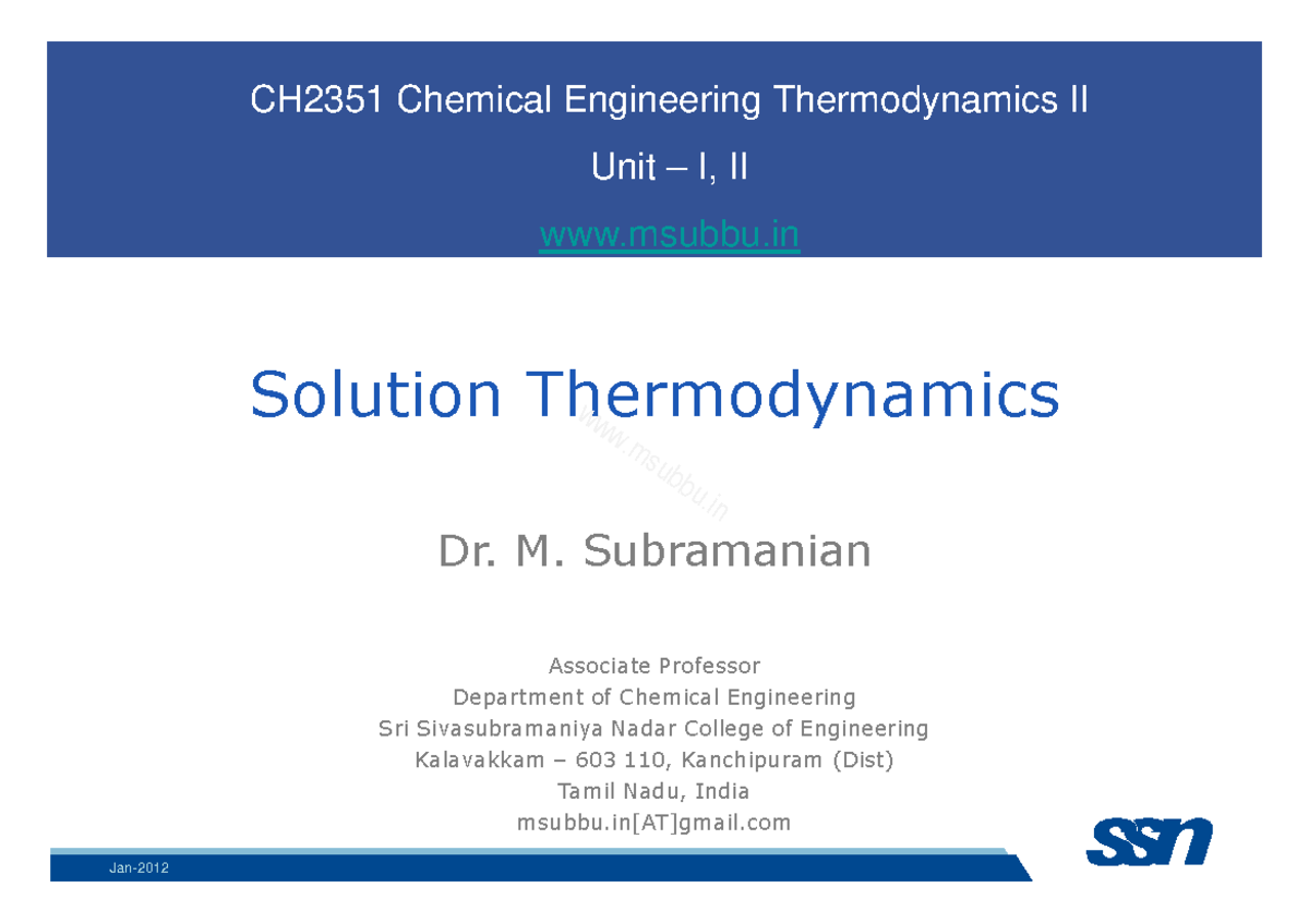 Thermo II Lecture 2 Solution Thermo - Solution Thermodynamics CH2351 ...