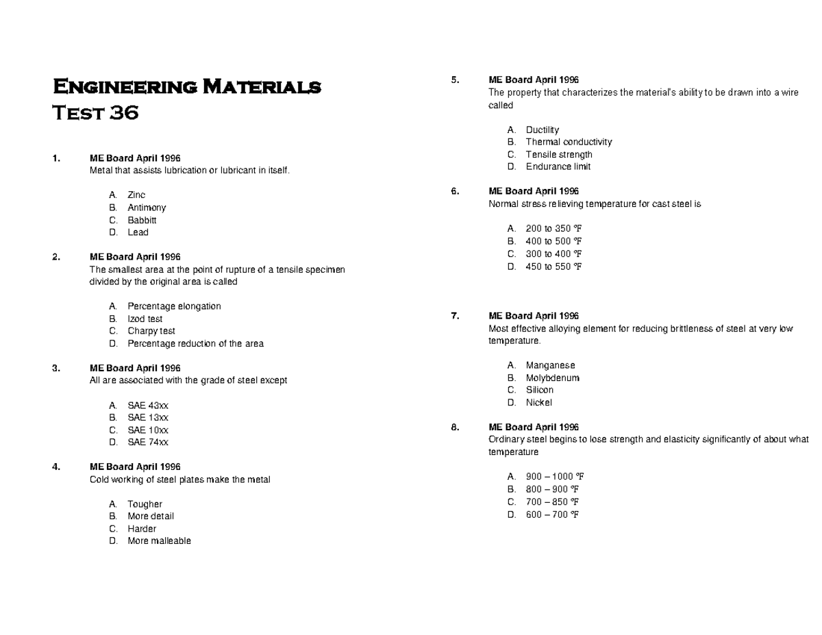 Engineering Materials Test 36 - ME Board April 1996 Metal that assists ...