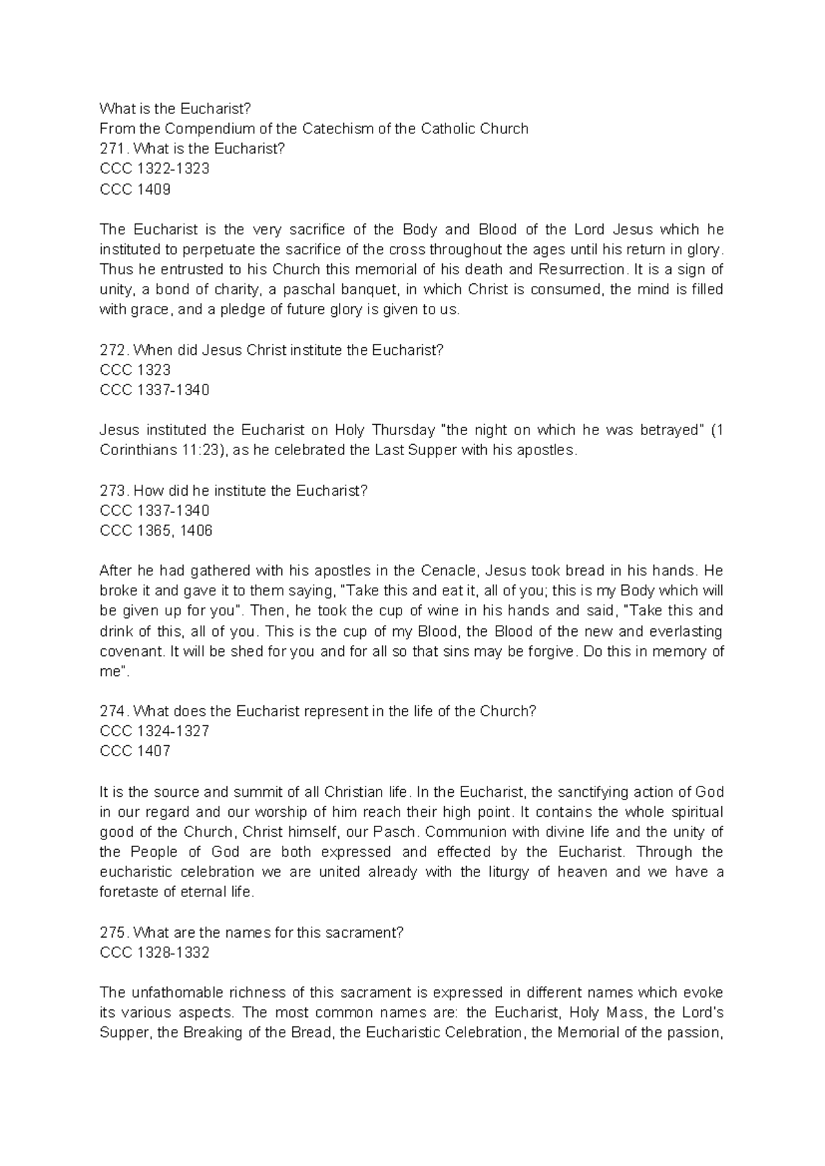 RS 4 Holy Eucharist - What is the Eucharist? From the Compendium of the ...