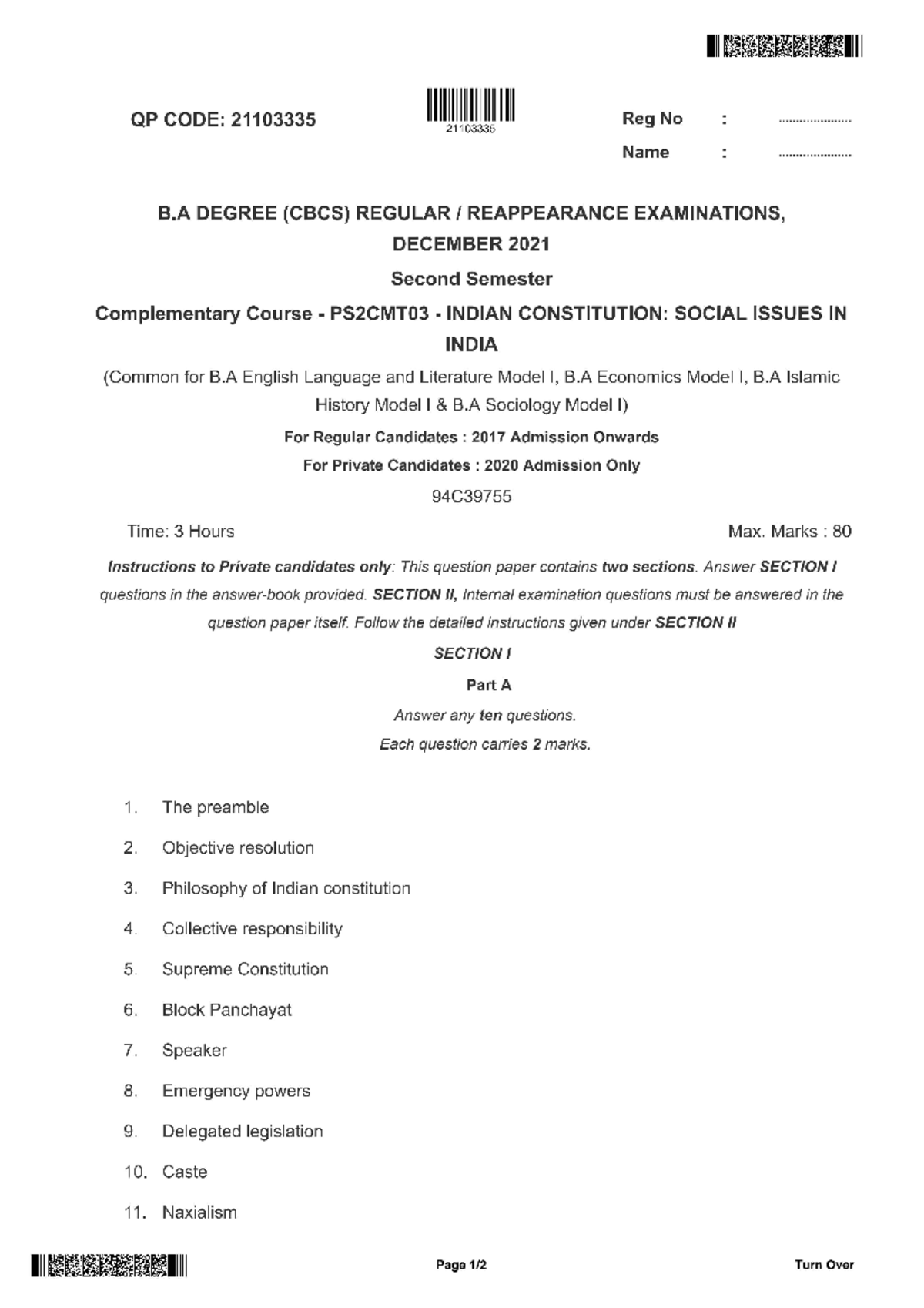 Politics Previous Year Question paper - QP CODE: Reg No : Name : B DEGREE (CBCS) REGULAR - Studocu