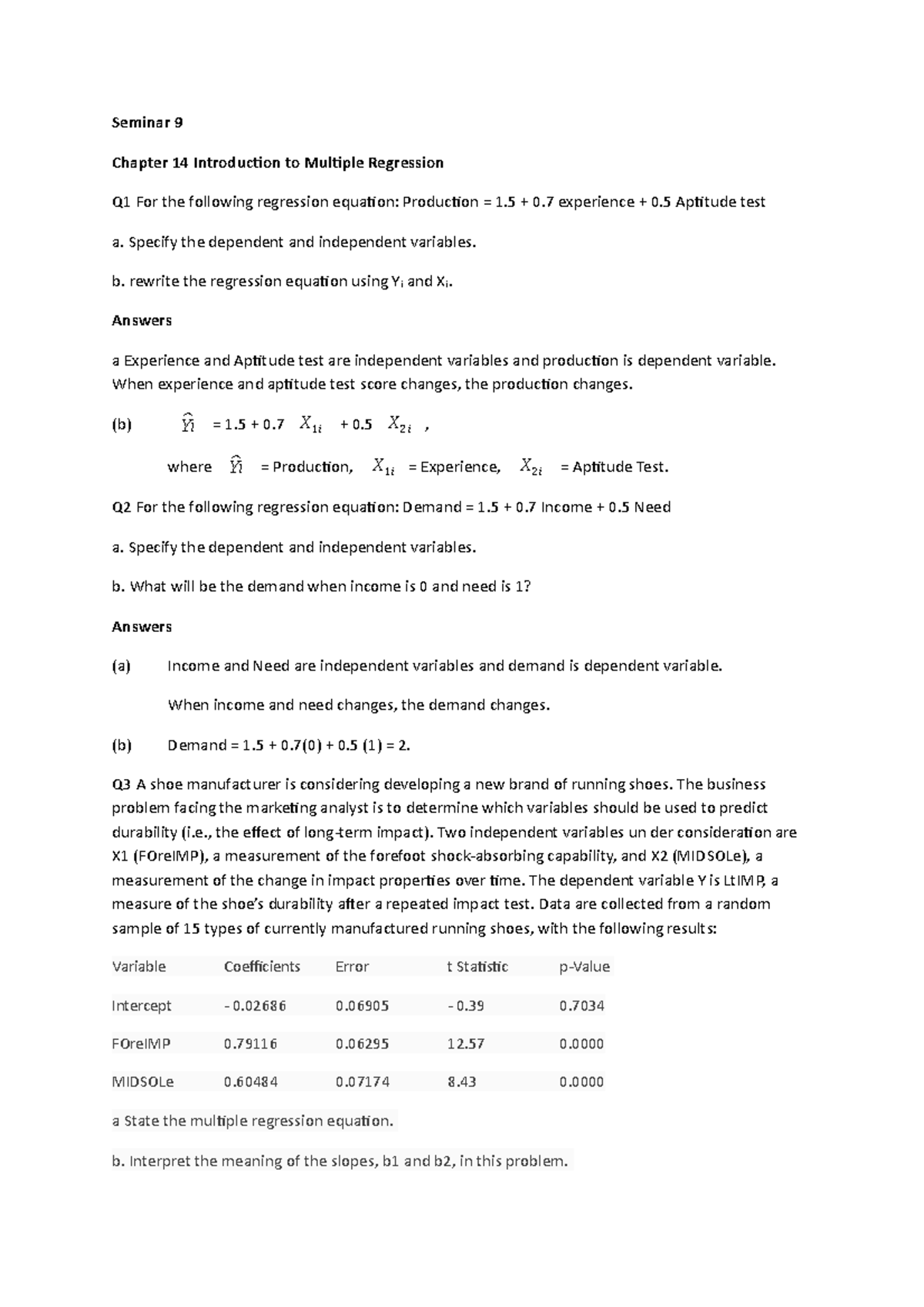 Seminar 9 answers - questions - Seminar 9 Chapter 14 Introduction to ...