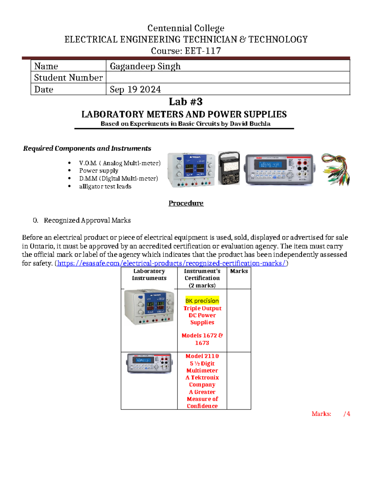 EET-117 LAB 3 23W DONE - lab - Centennial College ELECTRICAL ...