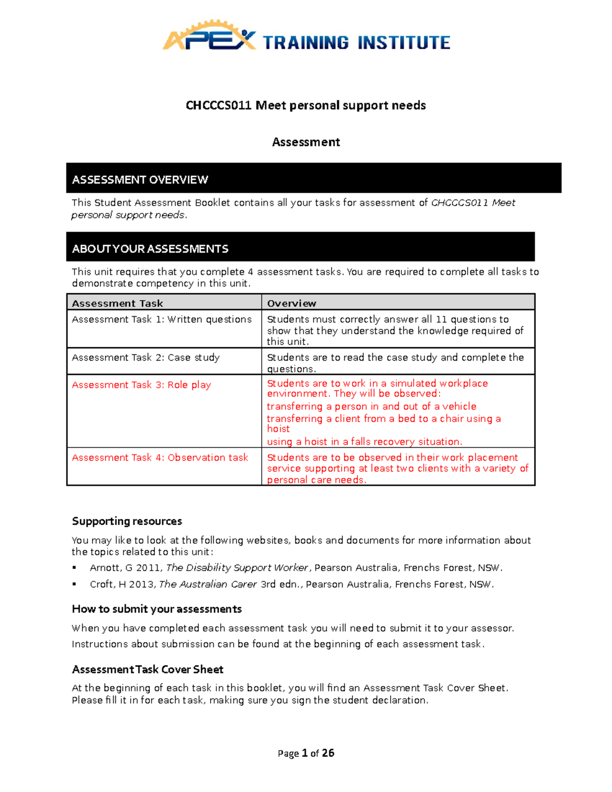 Chcccs 011 Assignment - Aged care course notes from Apex Training ...