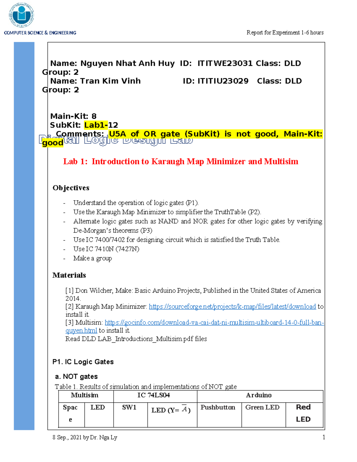 DLD-LAB experiment-1 Report submit-Group 2 - Digital Logic Design Lab Name: Nguyen Nhat Anh Huy ...