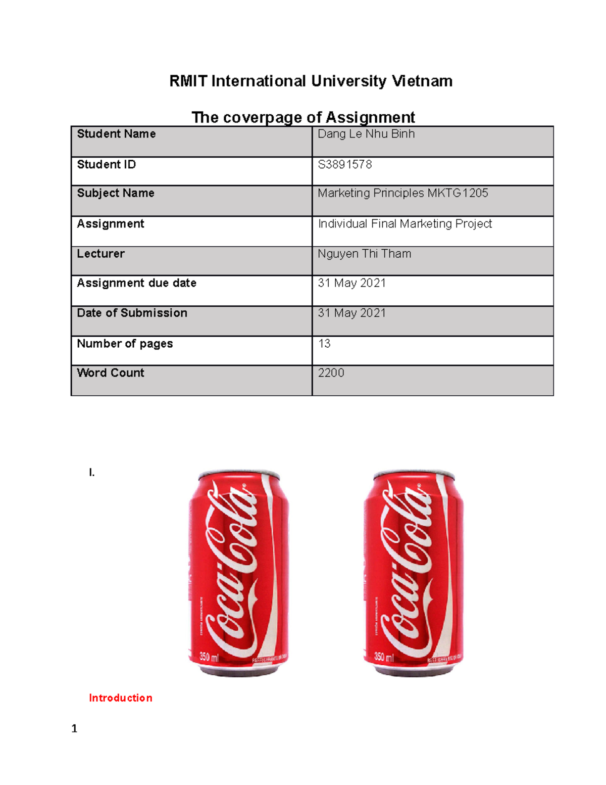 SGS - Marketing Priciple Cozco Cola Brand - RMIT International ...
