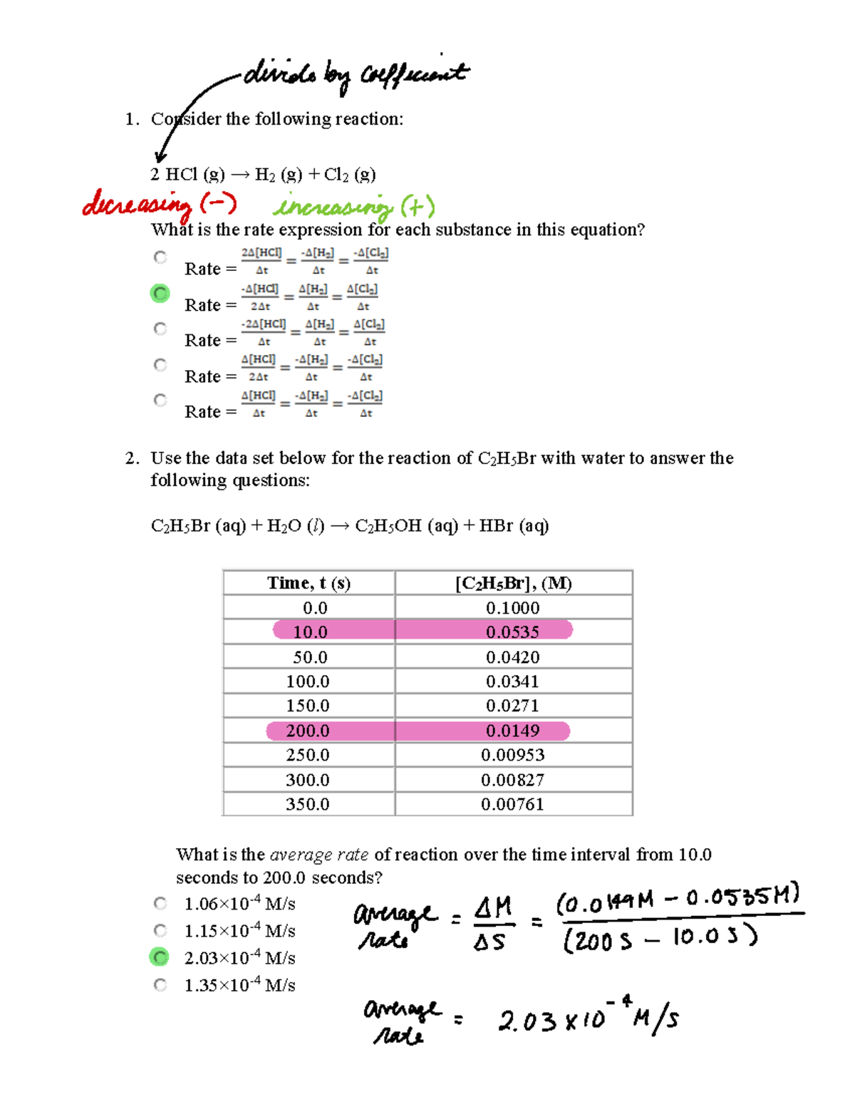 Exam 3 Solutions - Consider the following reaction: 2 HCl (g) H 2 (g) + Cl 2 (g) What is the ...