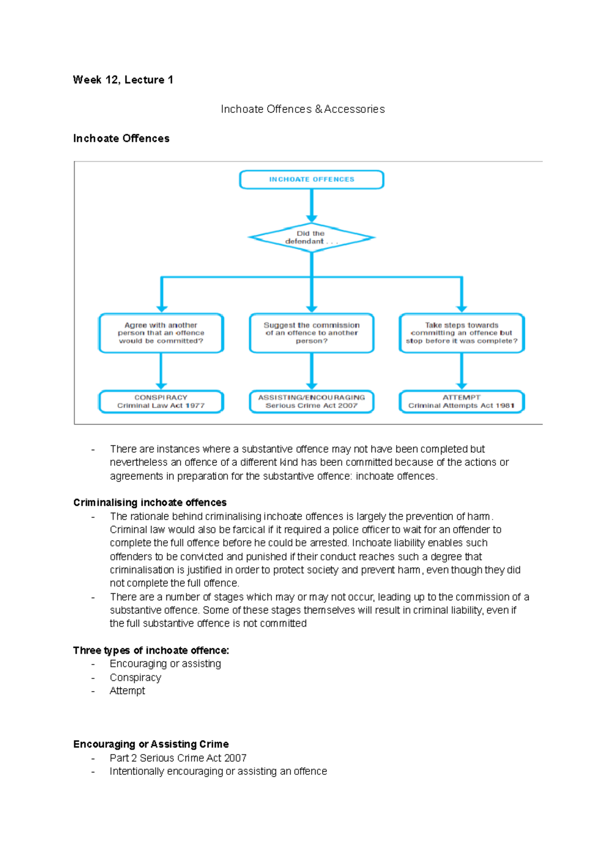 Inchoate Offences and Accessories. - Week 12, Lecture 1 Inchoate ...
