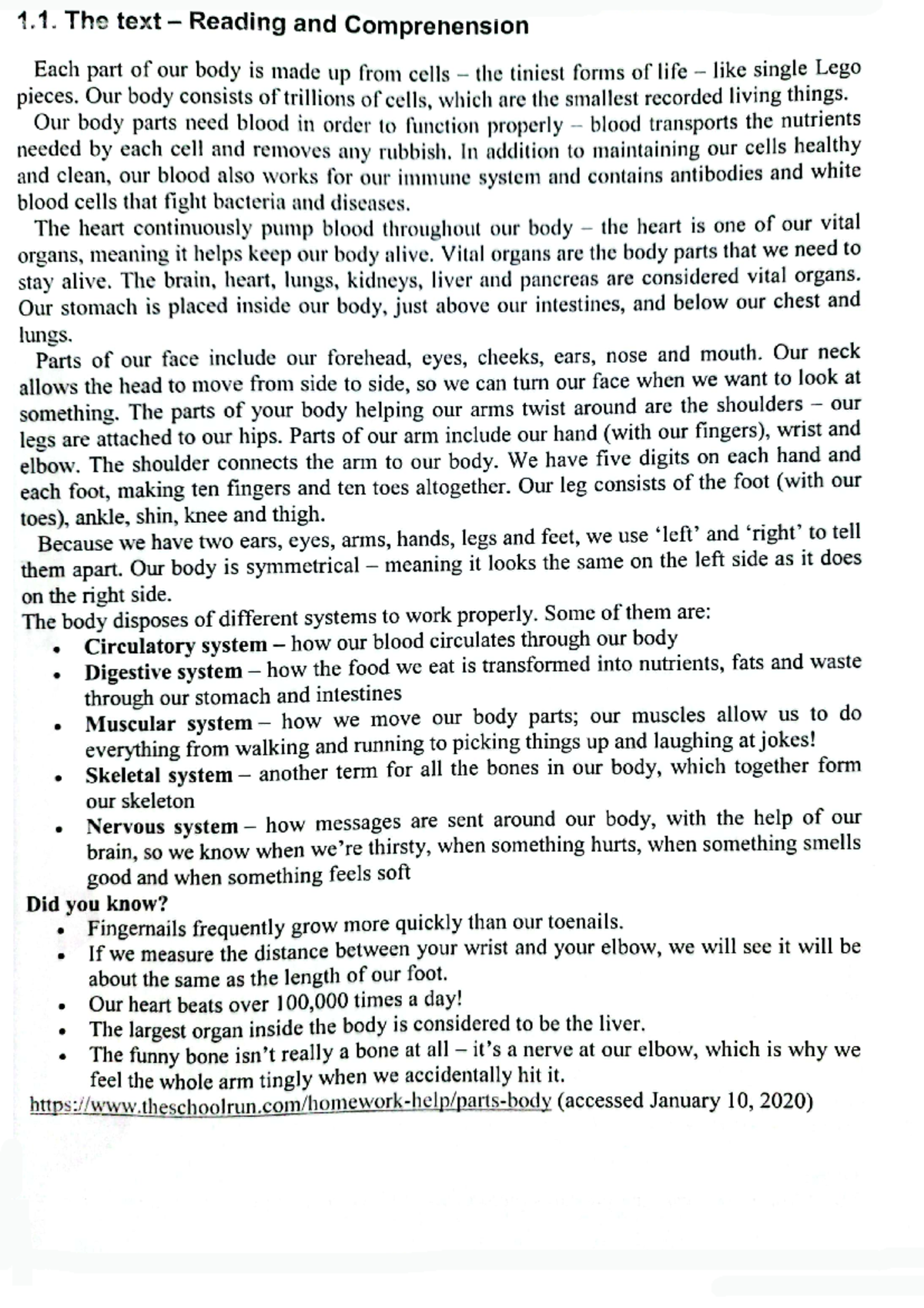 UNIT 1. THE Human BODY (text+exercises) - 1. The text Reading and ...