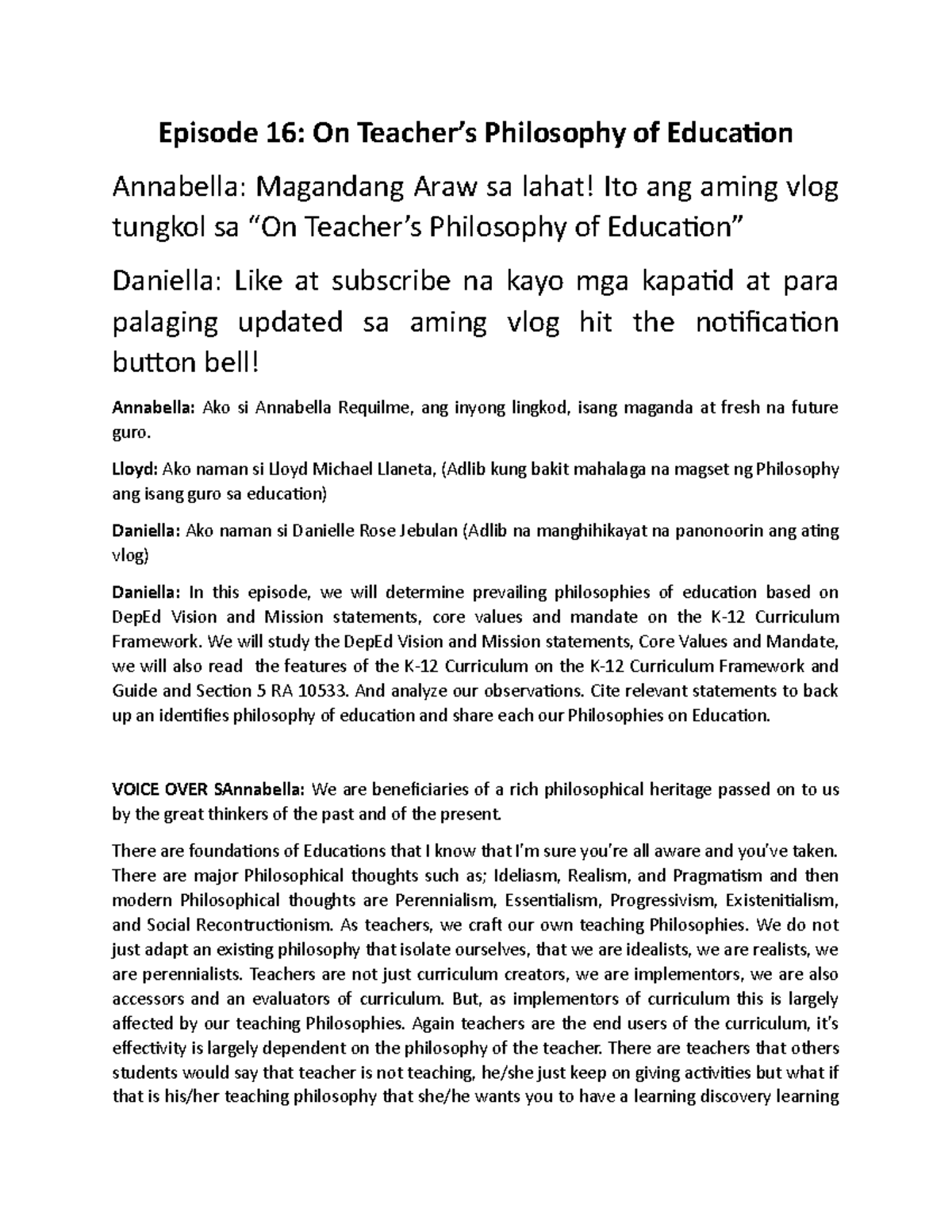 Episode 16 Script - It is about the On teachers educational Philosophy ...