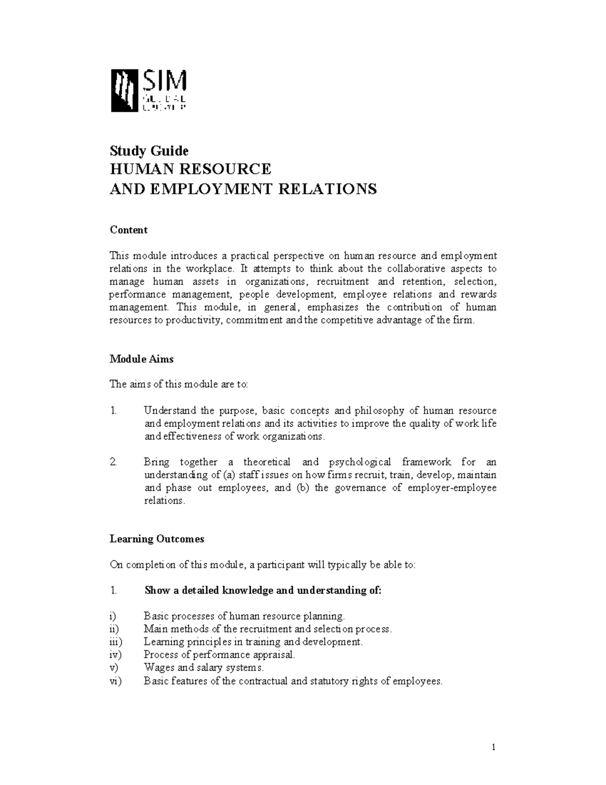 Summary - lectures 1-13 - Study Guide HUMAN RESOURCE AND EMPLOYMENT ...