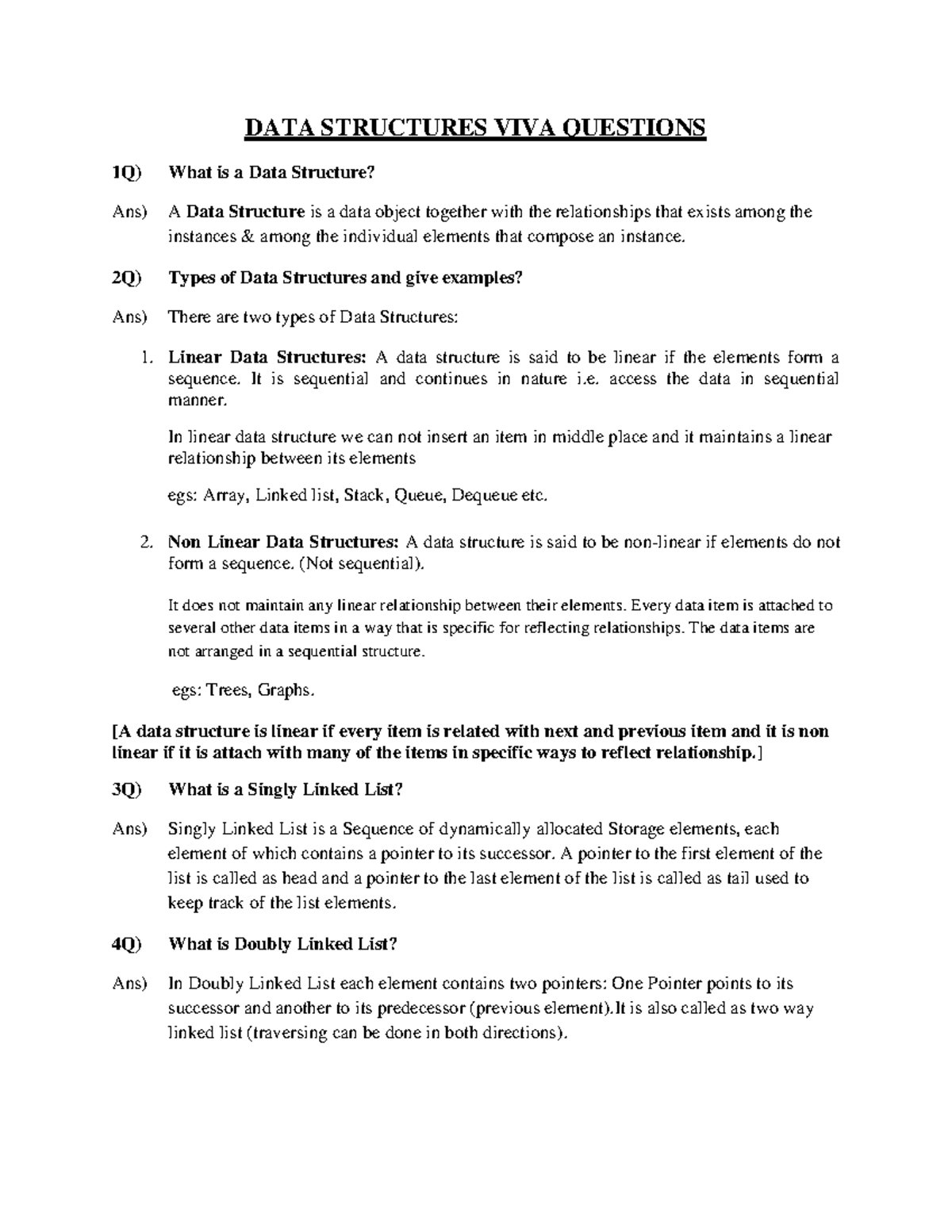 Viva Lab Qns DATA STRUCTURES VIVA QUESTIONS 1Q What Is A Data