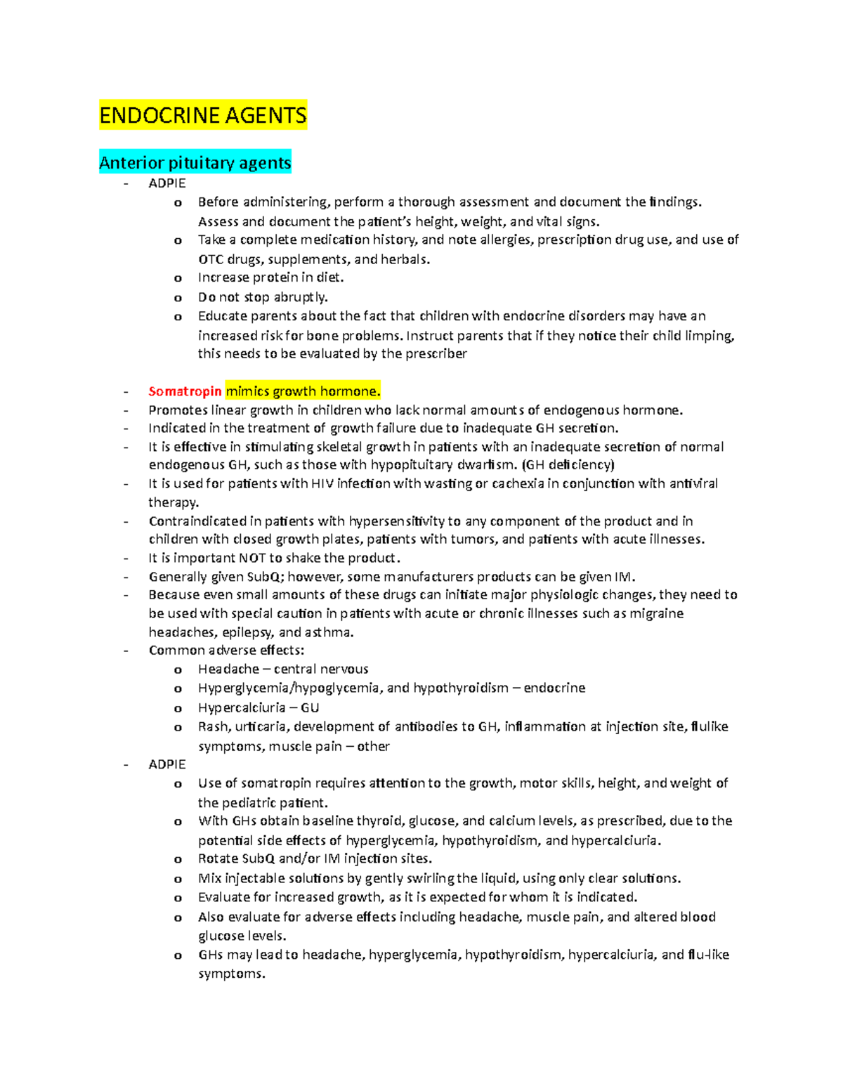Pharm exam 3 notes - endocrine, diabetes, anxiety, pain meds ...
