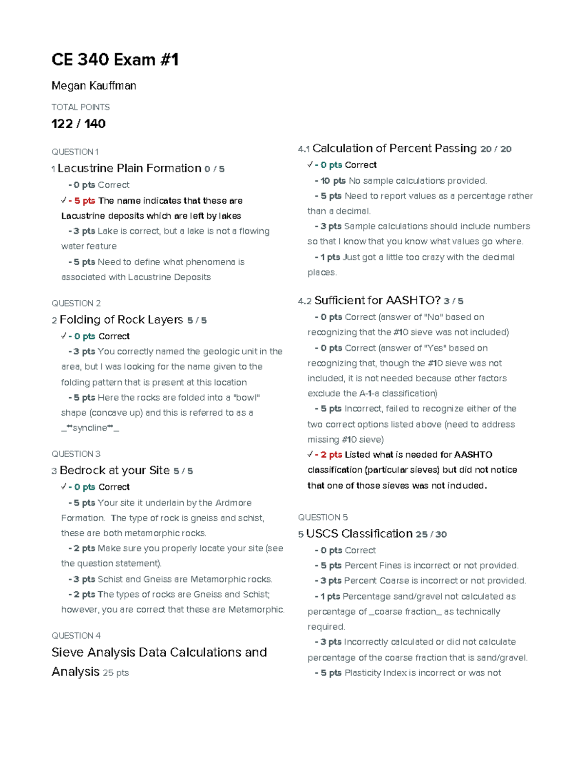 Graded Exam 1 - Exam with grading - CE 340 Exam Megan Kauffman TOTAL ...