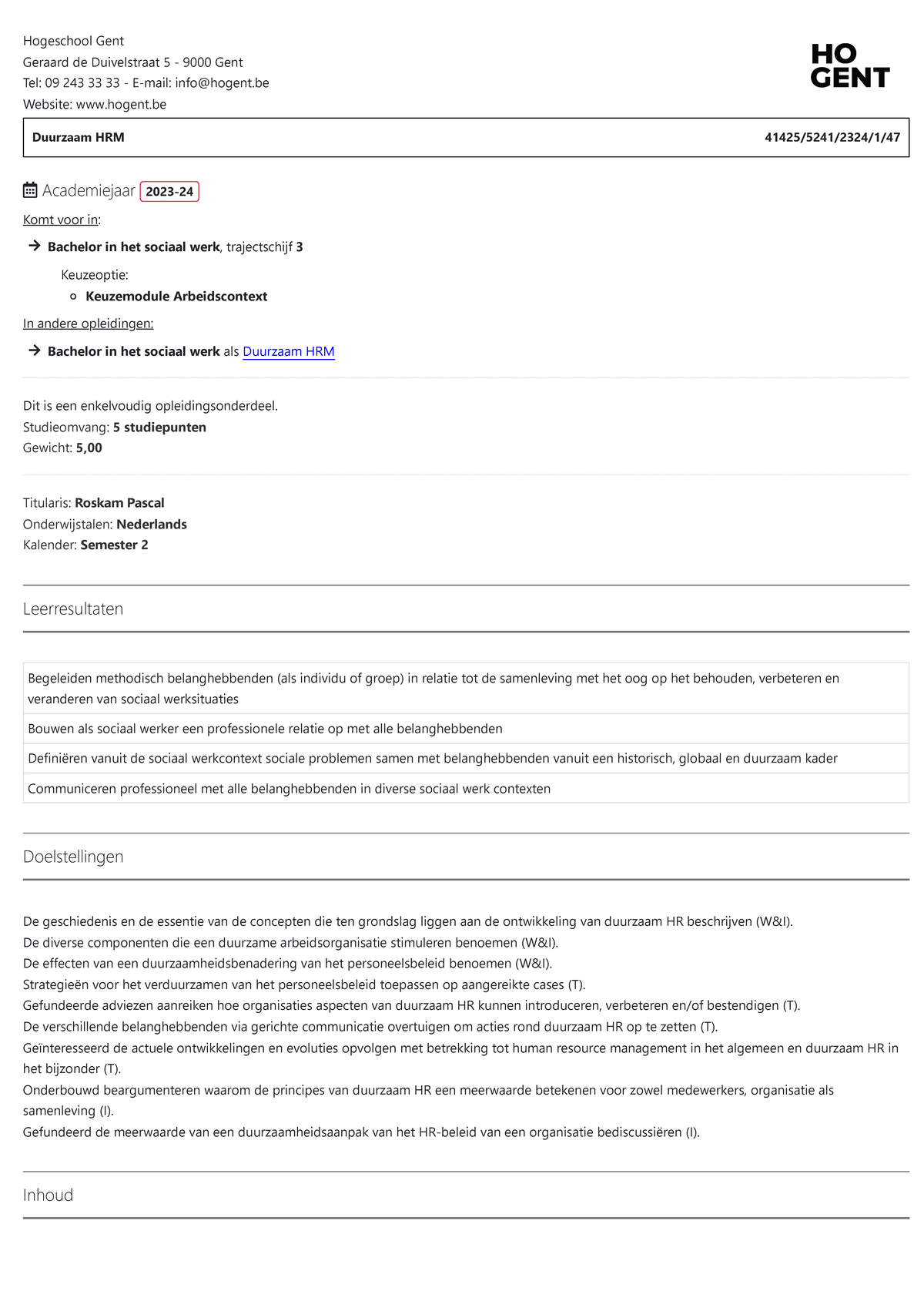 Duurzaam HRM ECTS - Ects Fiche - Hogeschool Gent Geraard de ...