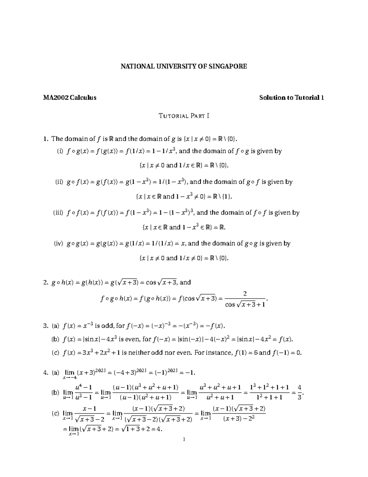 Tutorial 1 Solution - DXXXXXXXXXXX - NATIONAL UNIVERSITY OF SINGAPORE MA2002 Calculus Solution ...