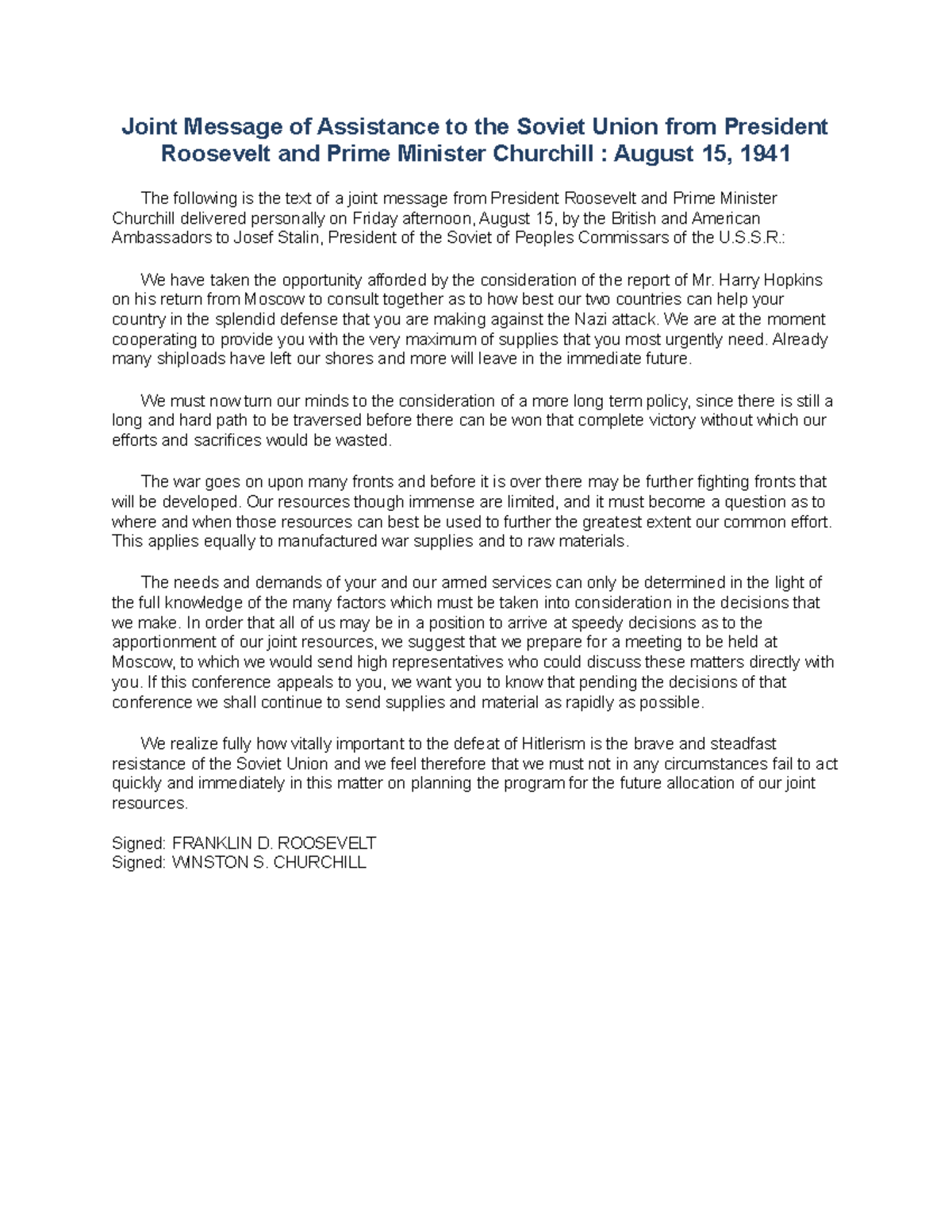Joint Message of Assistance to the Soviet Union from President ...
