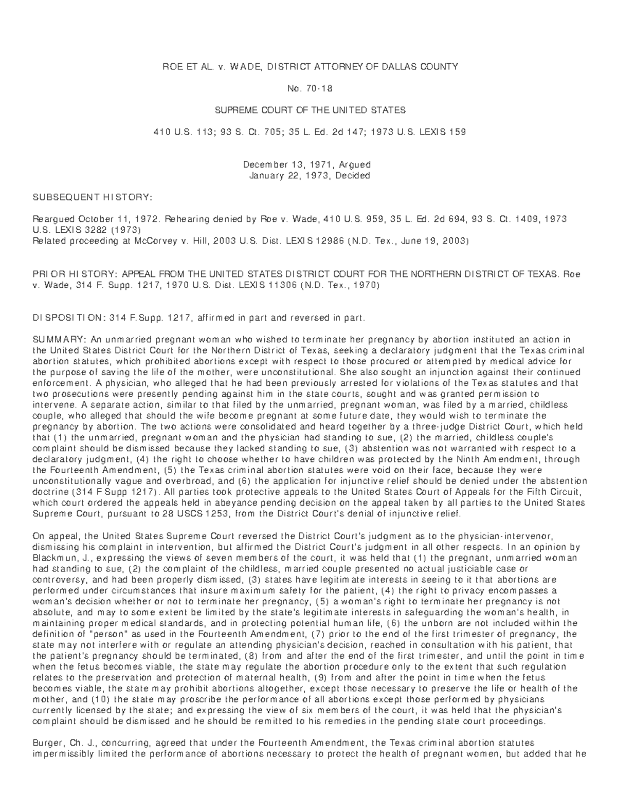 Roe v Wade US 1973 - constitutional case - ROE ET AL. v. WADE, DISTRICT ...
