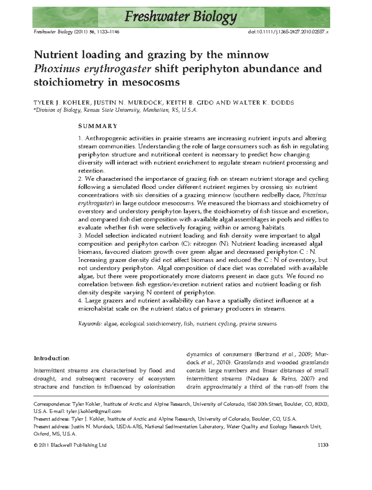 Kohler et al (2011 ) - article per comparar amb exercicis de l'informe. - Nutrient loading and ...