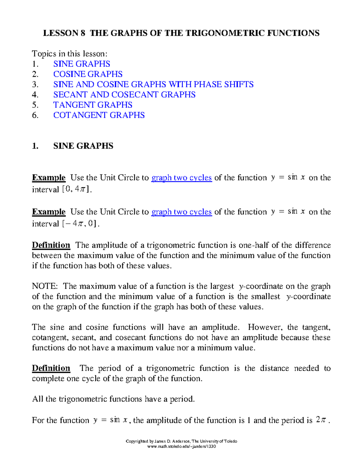 Lesson 8 - Notes from class - LESSON 8 THE GRAPHS OF THE TRIGONOMETRIC ...