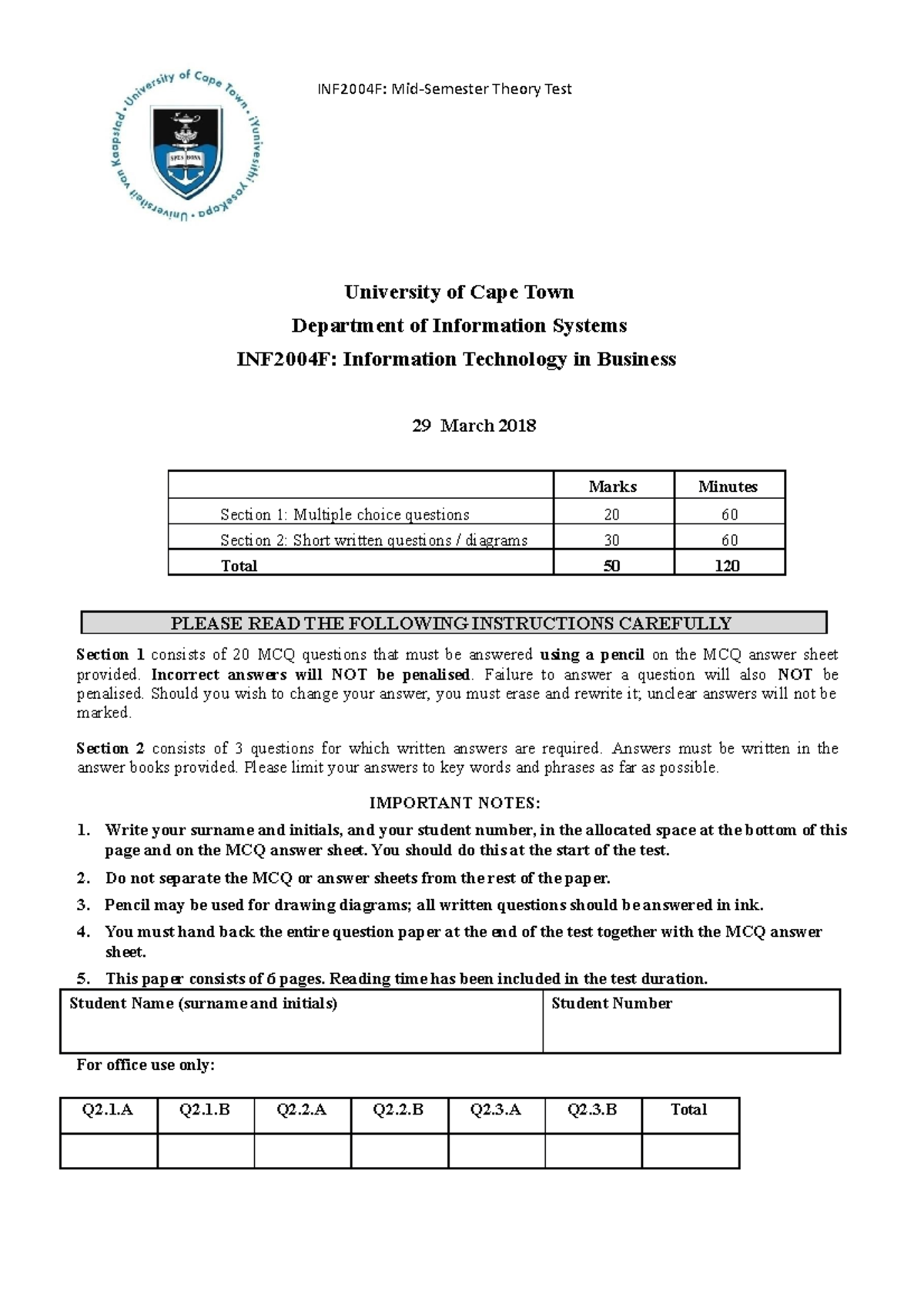 Test 2018, questions and answers - University of Cape Town Department ...