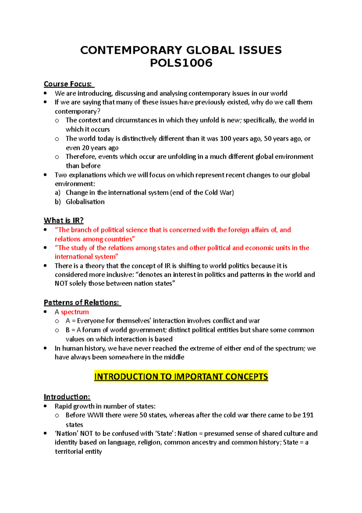 POLS1006 Lecture Notes - CONTEMPORARY GLOBAL ISSUES POLS Course Focus ...