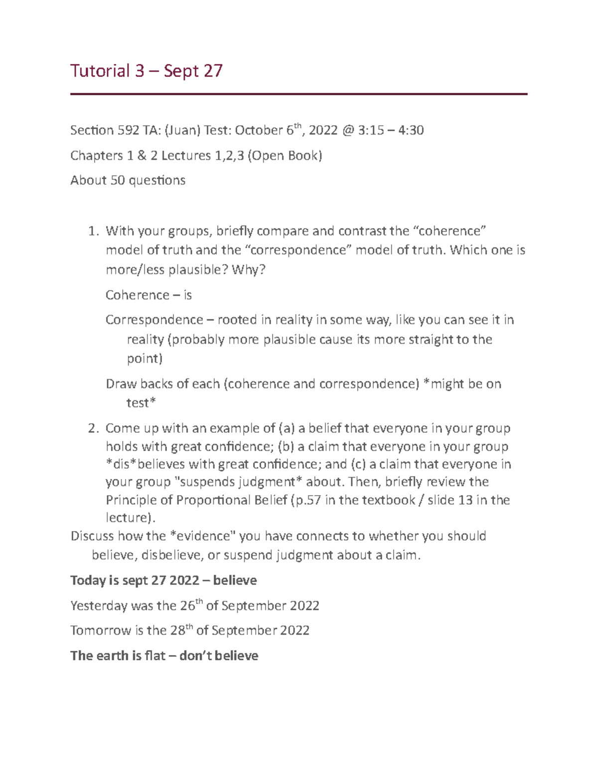 Tutorial 3 - Sept 27 - Tutorial 3 – Sept 27 Section 592 TA: (Juan) Test ...