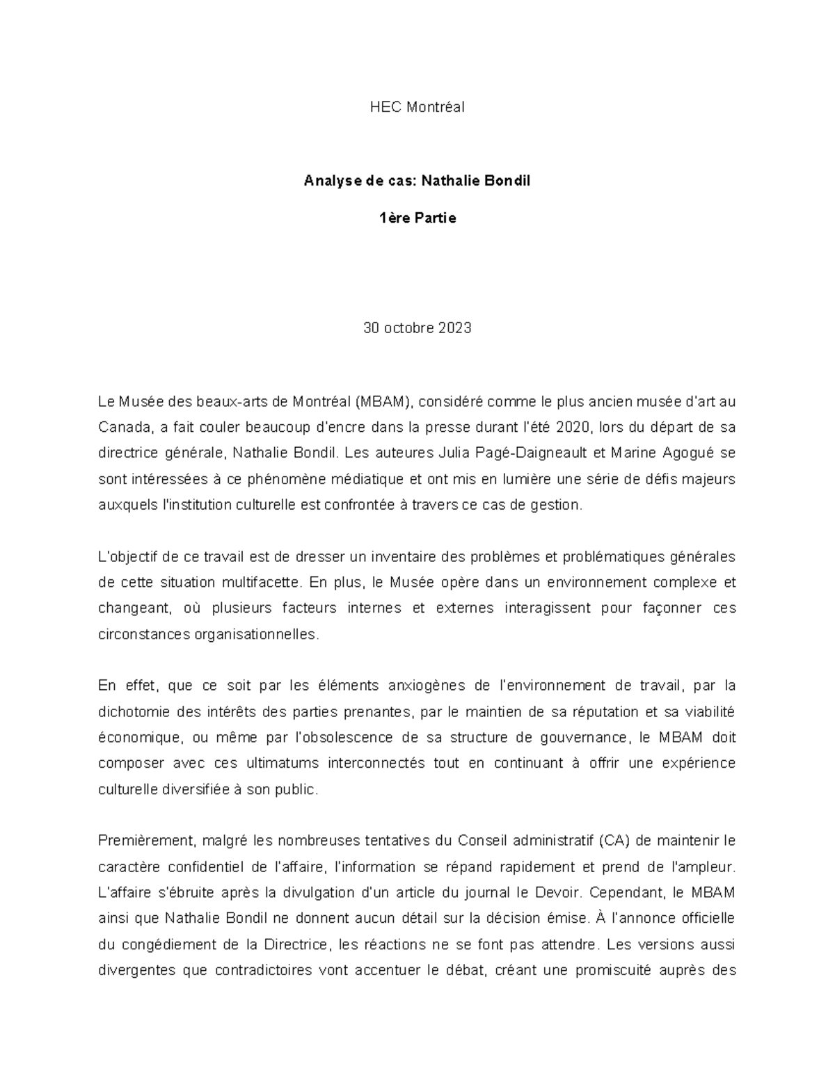 Propre - Première partie - Analyse de cas - Nathalie Bondil - HEC ...