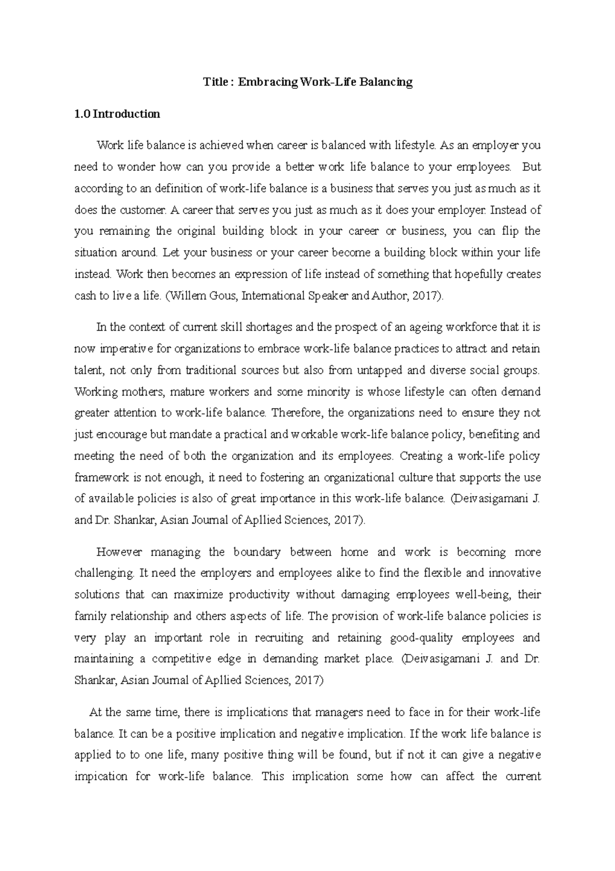 Management assignment - Title : Embracing Work-Life Balancing 1 ...