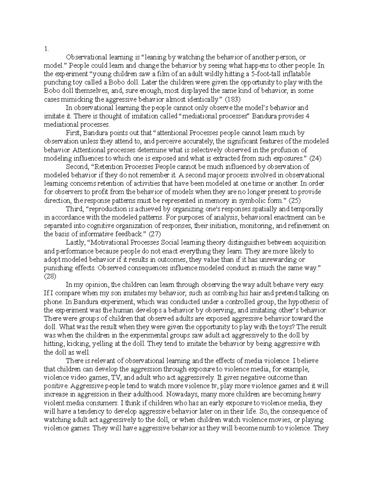 Week 4 writing chapter 5 - 1. Observational learning is “leaning by ...