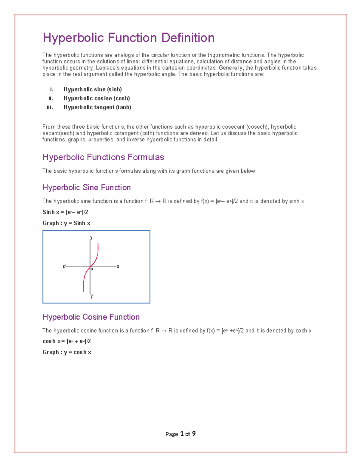 Trigonometry Hyperbolic Functions Hyperbolic Function Definition The Hyperbolic Functions Are