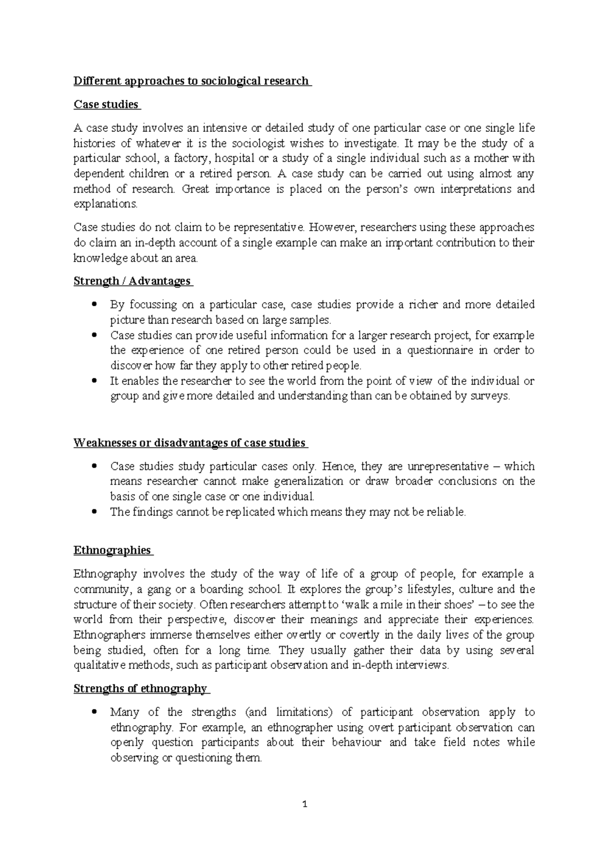 Case studies - Different approaches to sociological research Case ...