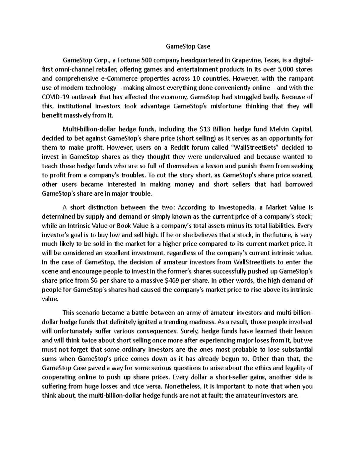 4104 - This is my answer to our assignment. - GameStop Case GameStop ...