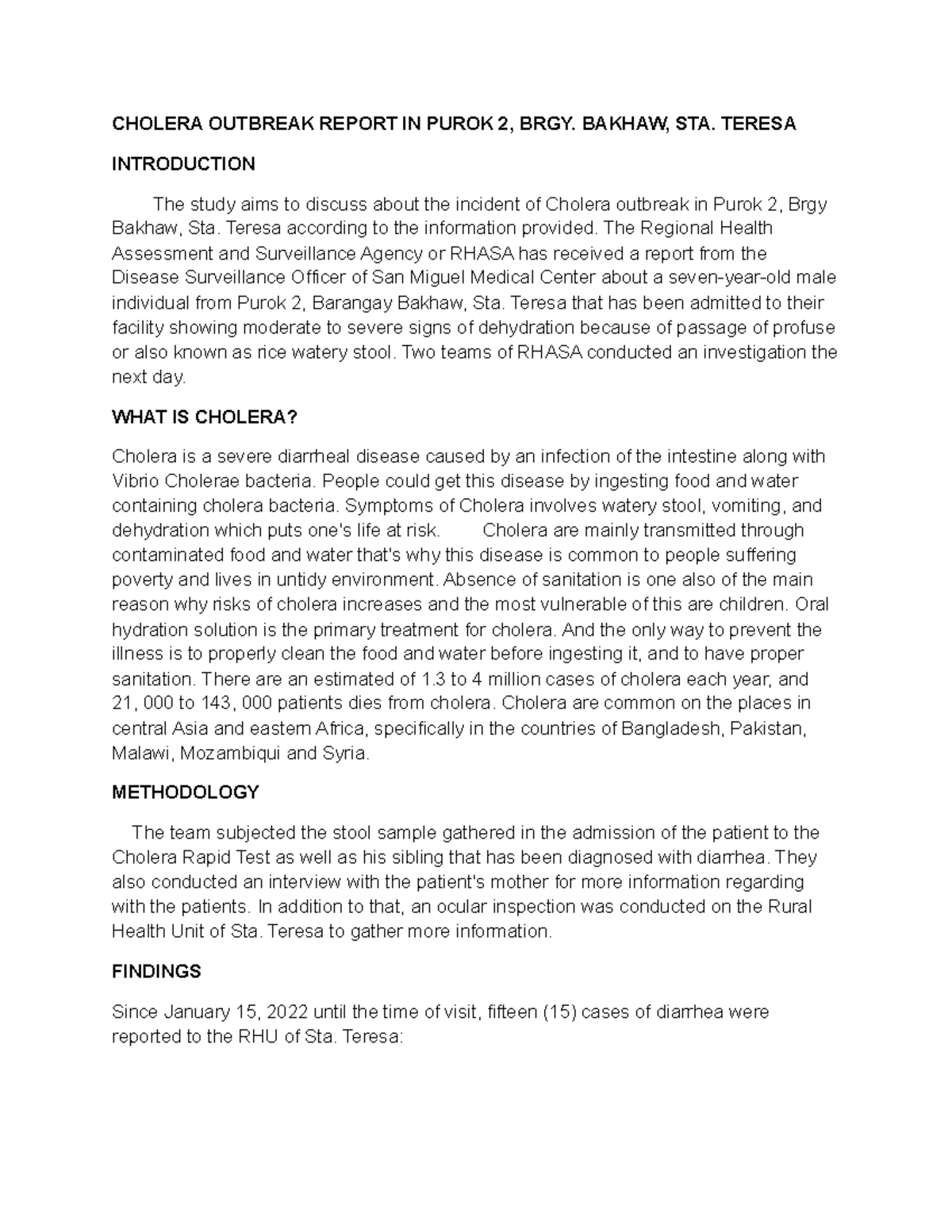 Cholera Outbreak Report IN Purok 2 - CHOLERA OUTBREAK REPORT IN PUROK 2 ...