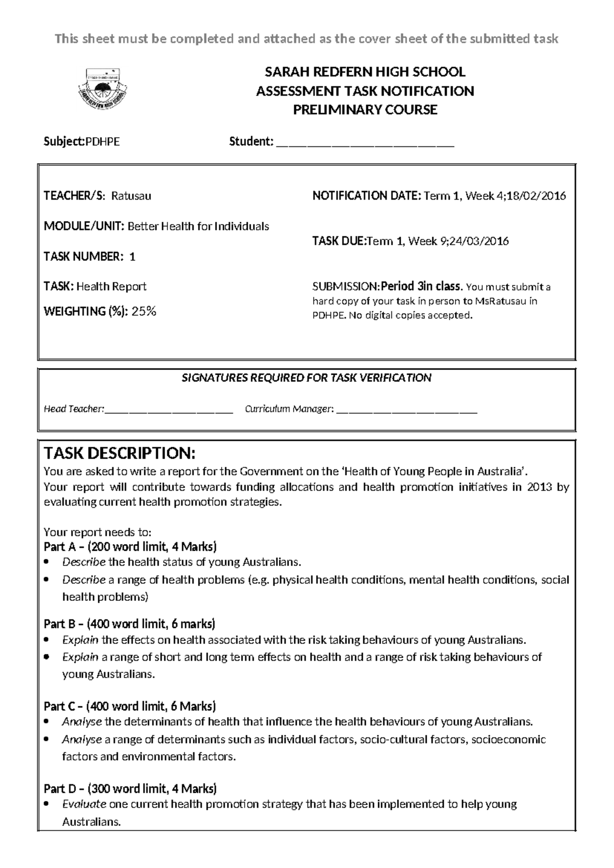 Preliminary assessment task notification 1 - This sheet must be ...