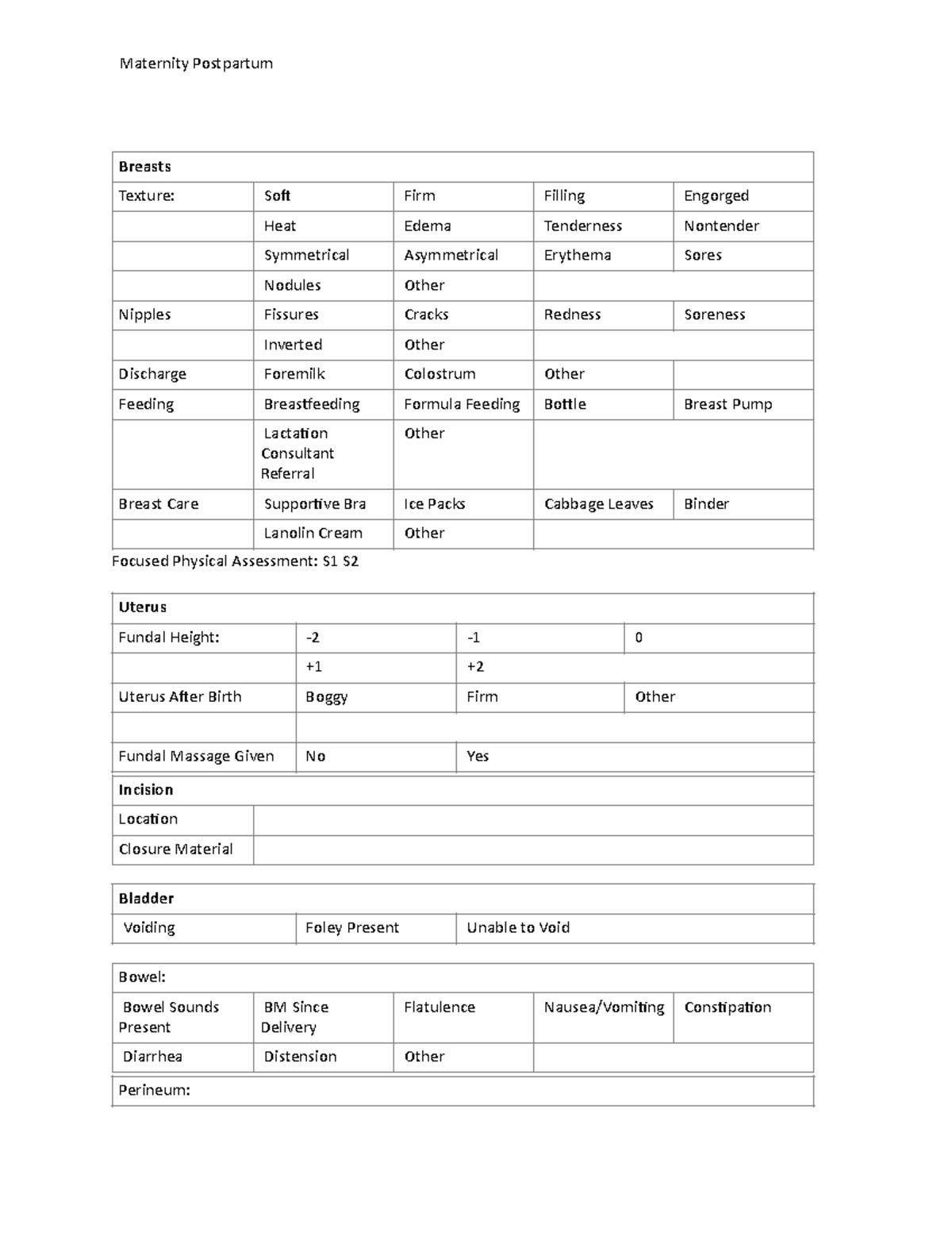 Maternity Postpartum - Focused Physical Assessment: S1 S Breasts ...