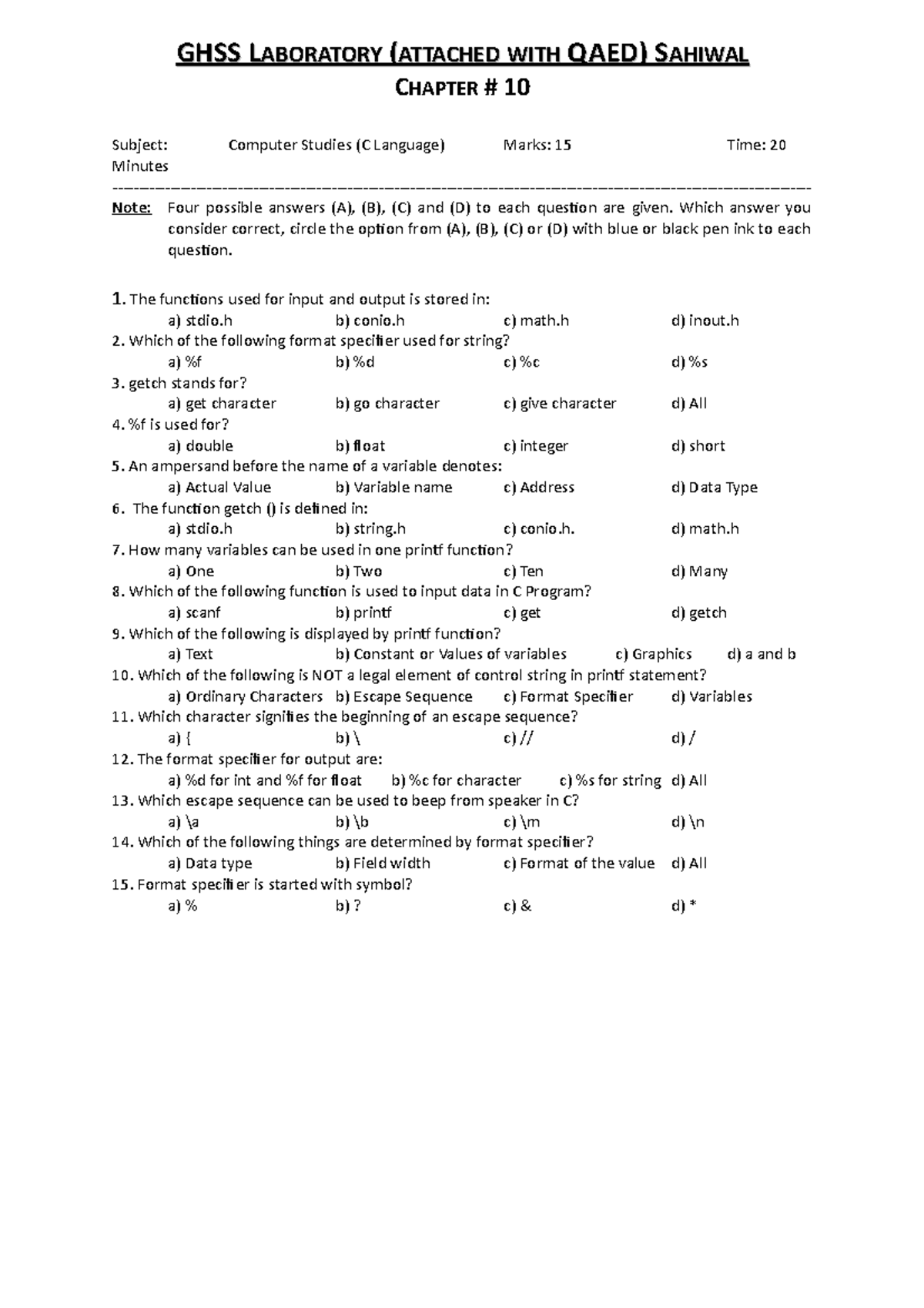 Test 3 (Ch. 10) - Inter Part-II C Language Chapter 10 - GHSS LGHSS ...