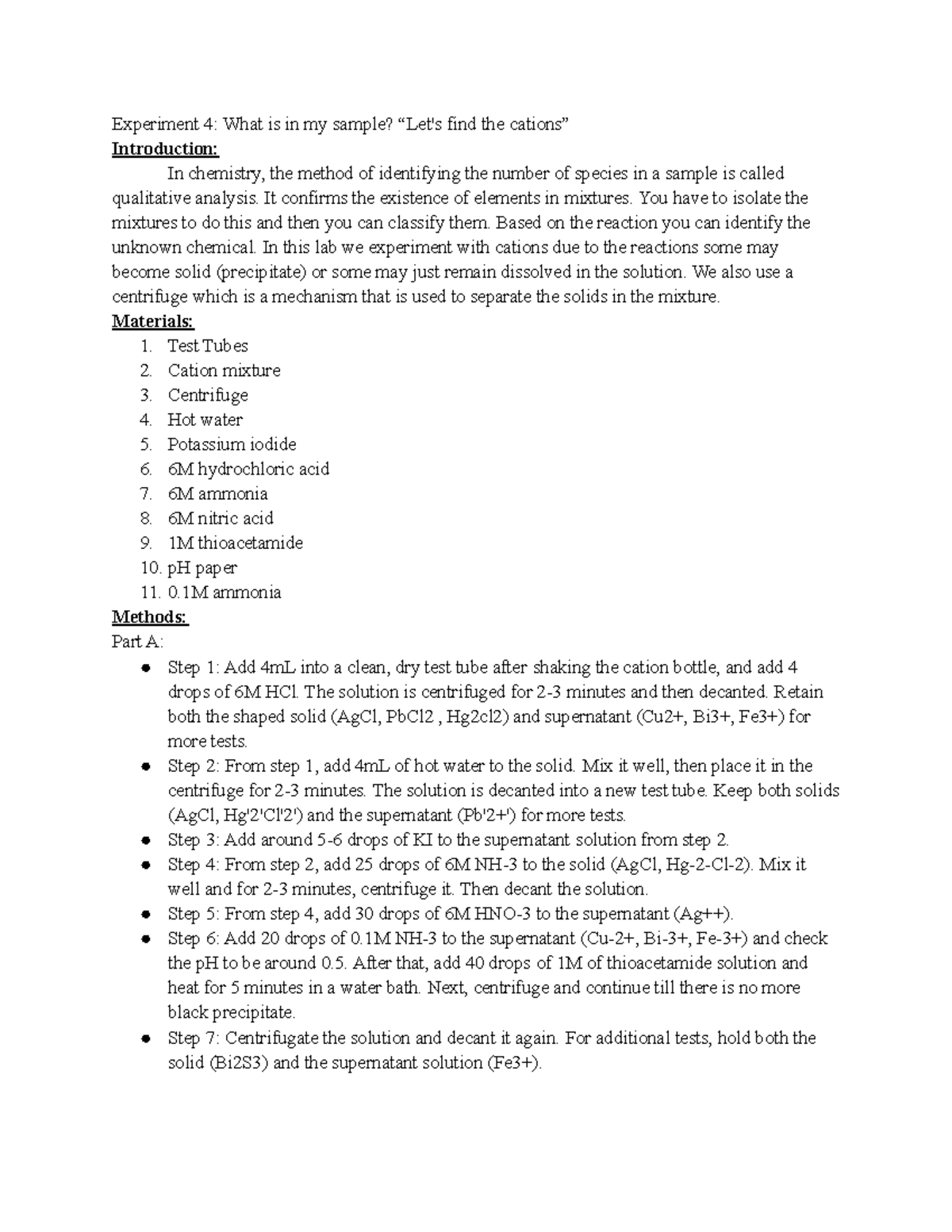 Lab 4 - chem 106 lab - Experiment 4: What is in my sample? “Let's find ...