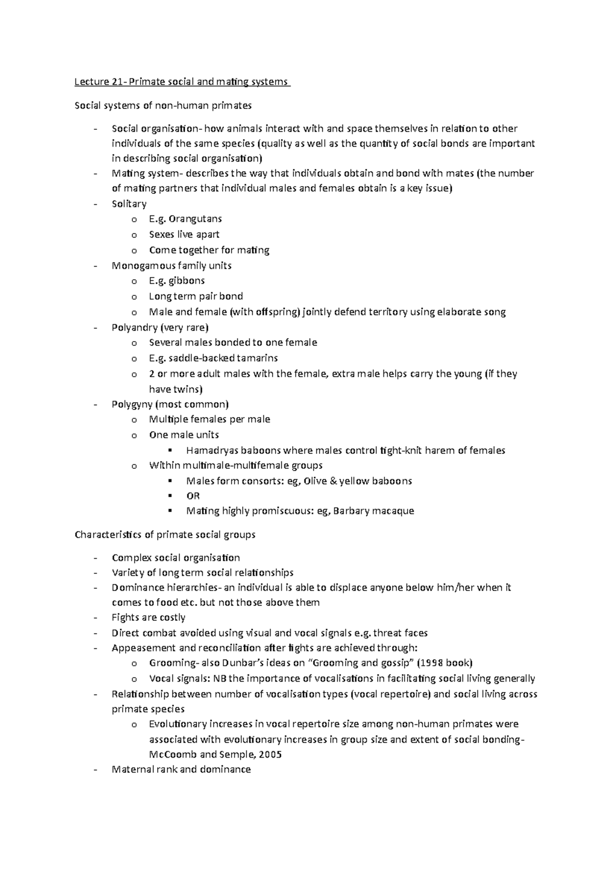Lecture 21- Primate social and mating systems - Orangutans o Sexes live ...