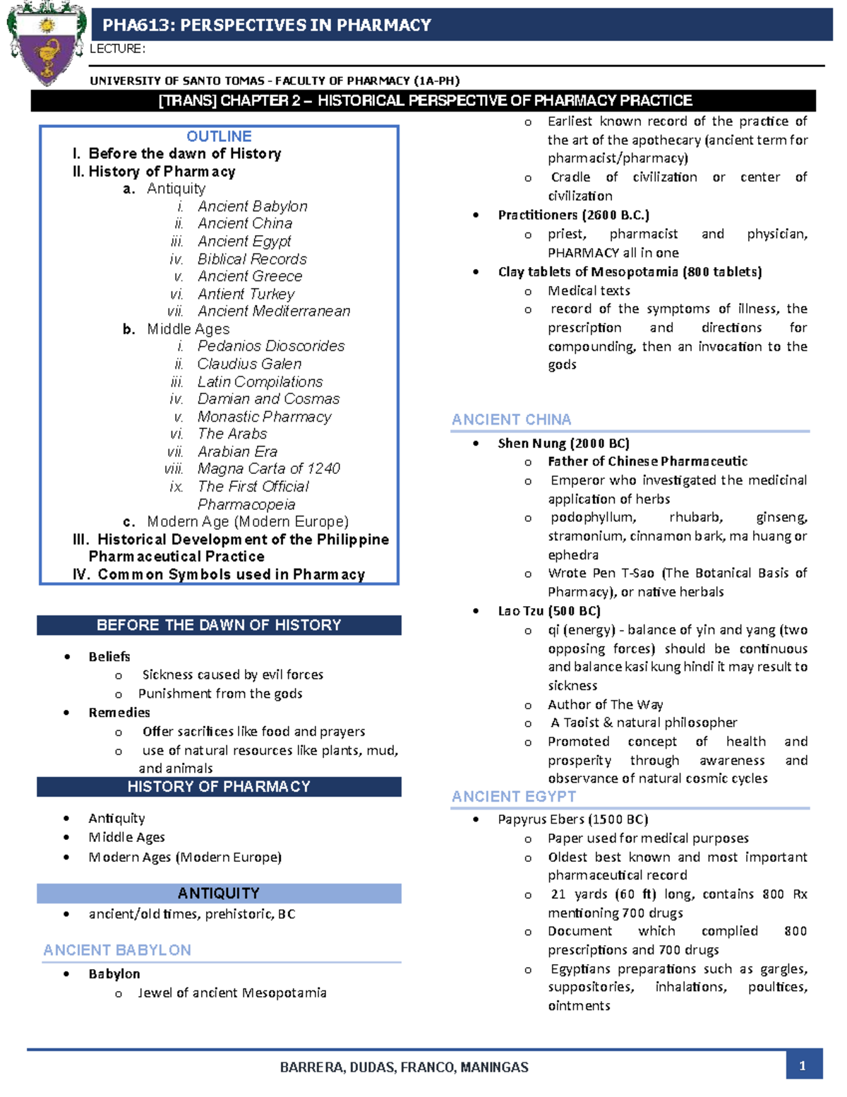 1APH PHA613 History of Pharmacy - LECTURE: UNIVERSITY OF SANTO TOMAS ...