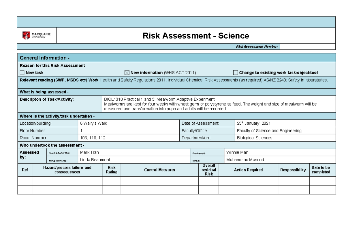 Risk Assessment BIOL1310 Prac 1 5 Adaptative Experiment 2020 - Risk ...