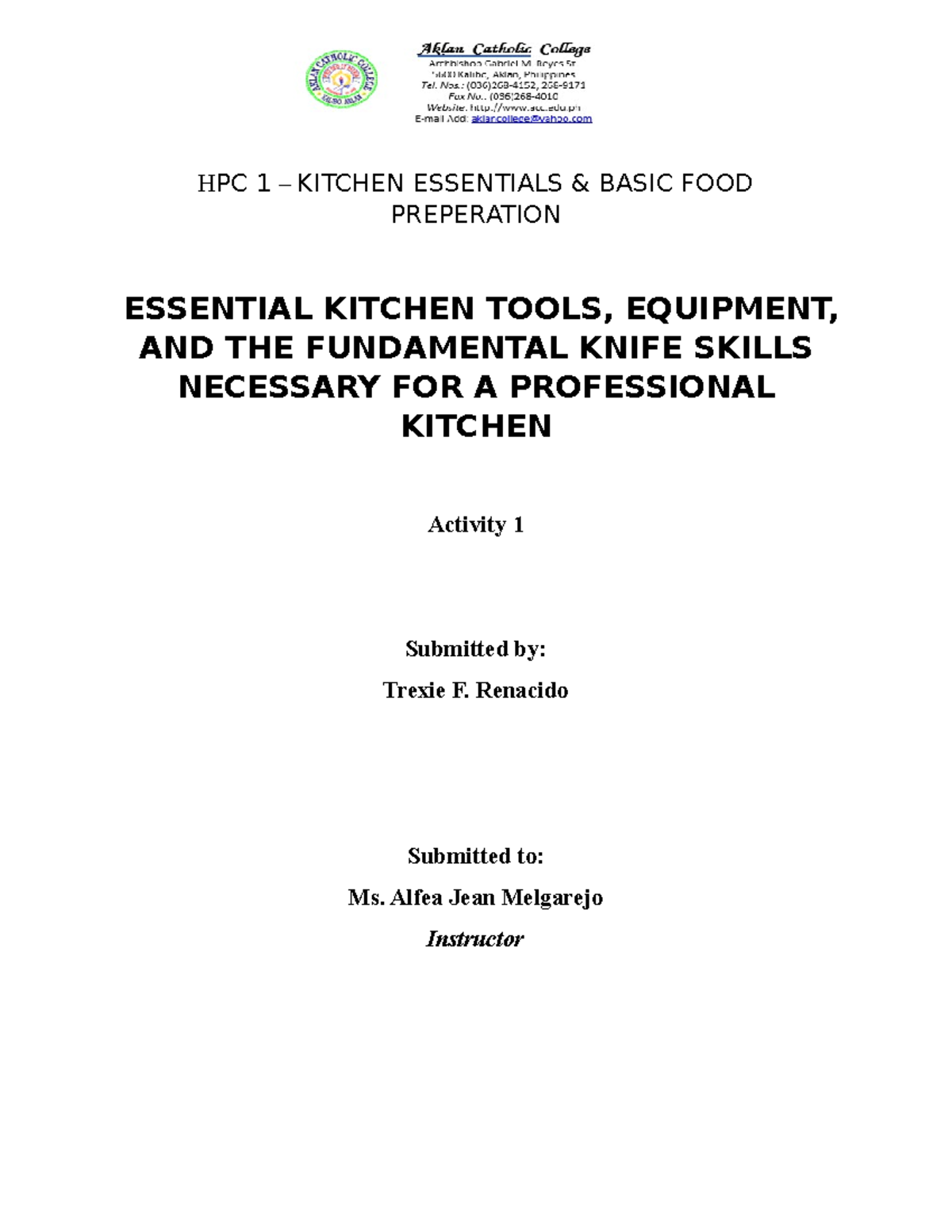 HPC 1 (2nd activity) - random activities - HPC 1 – KITCHEN ESSENTIALS & BASIC FOOD PREPERATION ...
