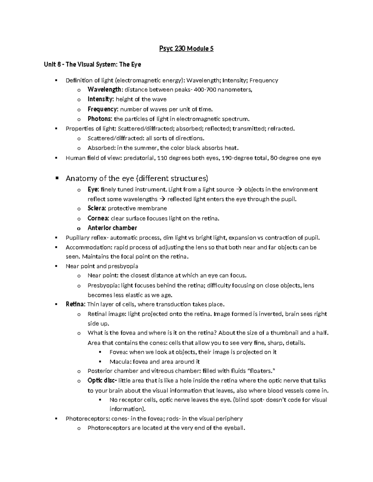 Module 5 study Guide - Psyc 230 Module 5 Unit 8 - The Visual System ...