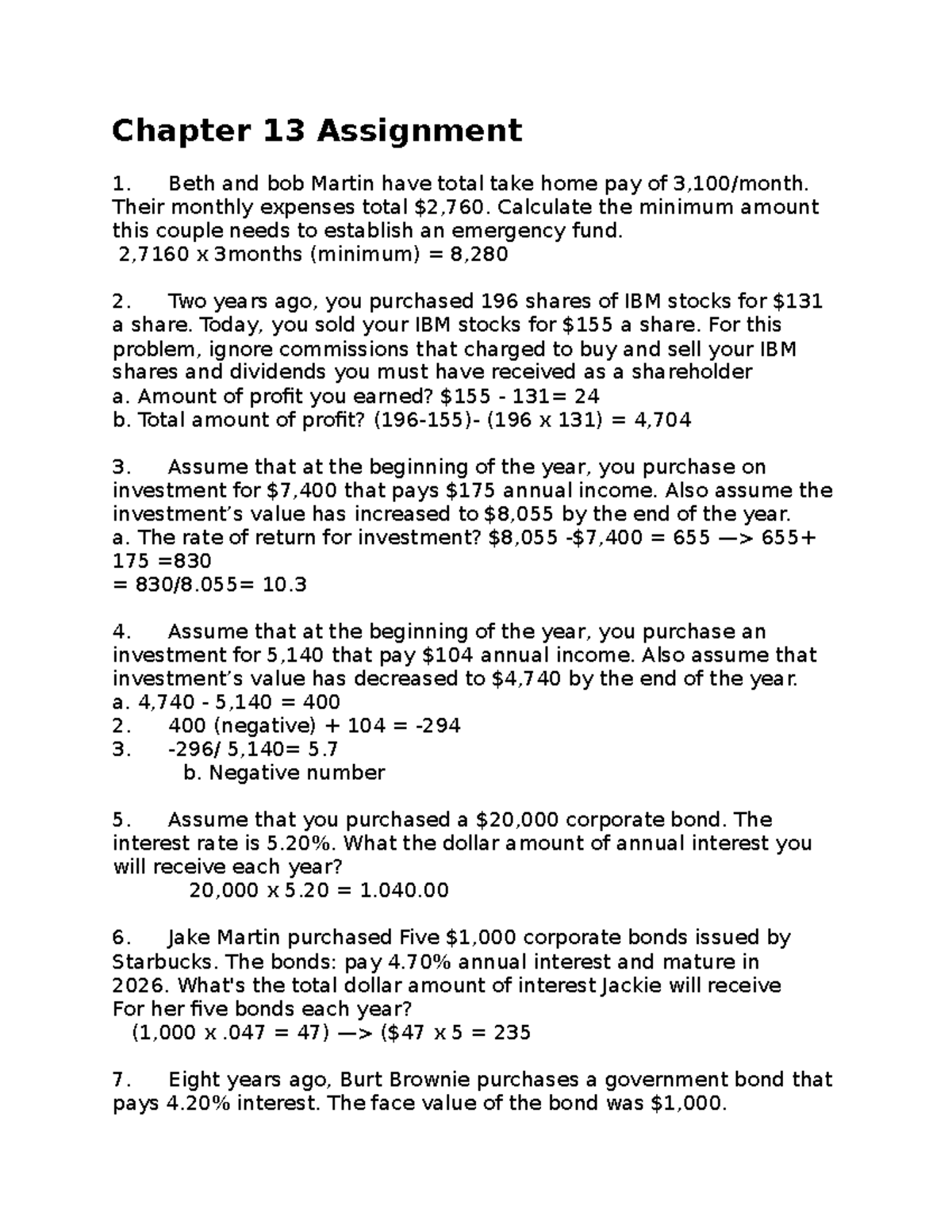 Chapter 13 Assignment financial - Chapter 13 Assignment Beth and bob Martin have total take home ...