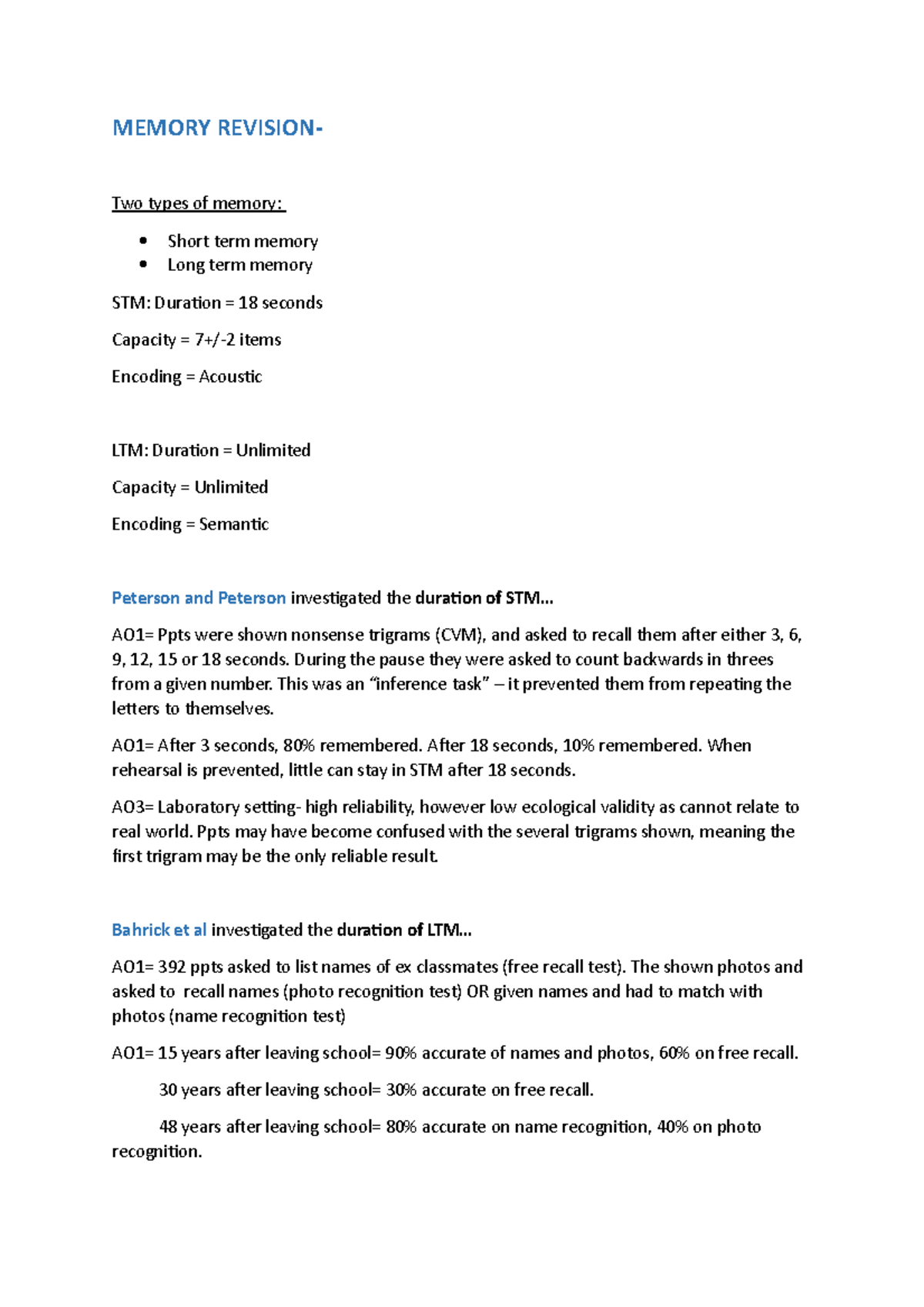 Memory revision - Psych - MEMORY REVISION- Two types of memory: Short ...