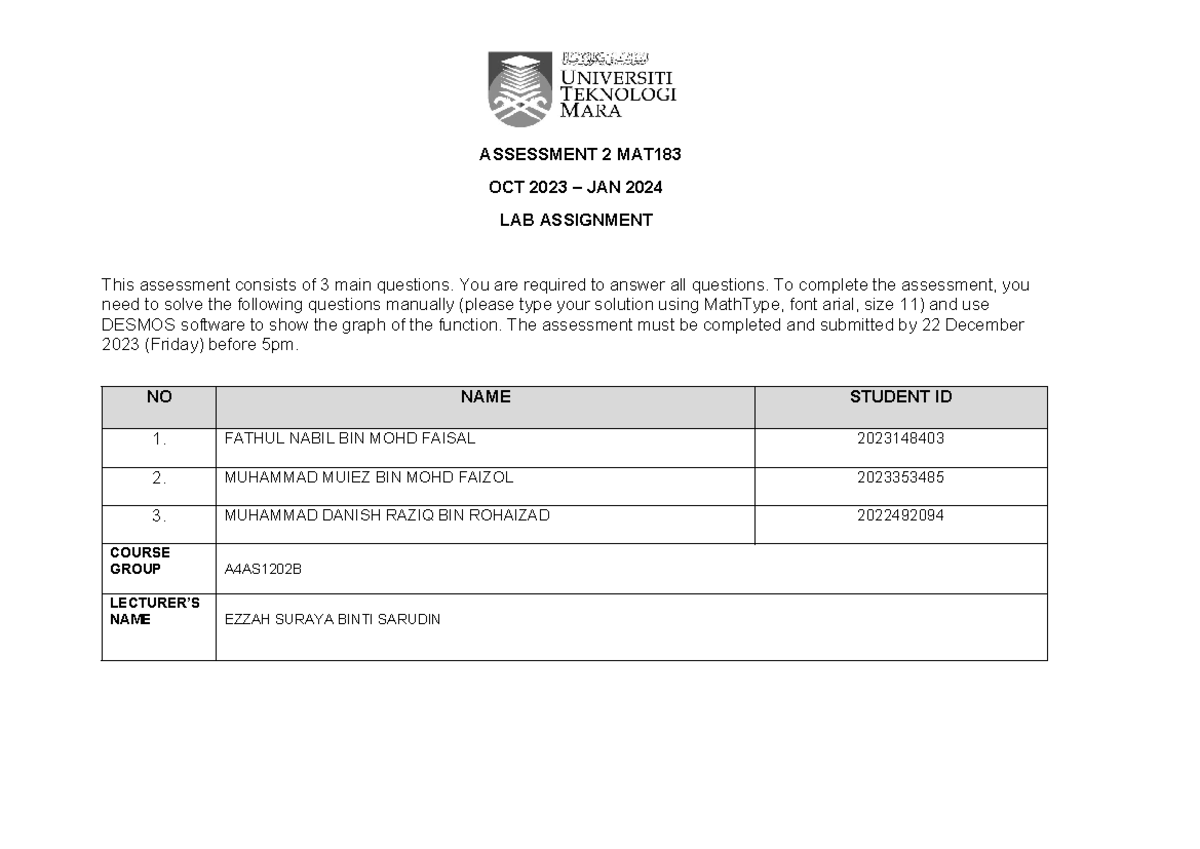 MAT183 GROUP ASSIGNMENT - ASSESSMENT 2 MAT OCT 2023 – JAN 2024 LAB ...
