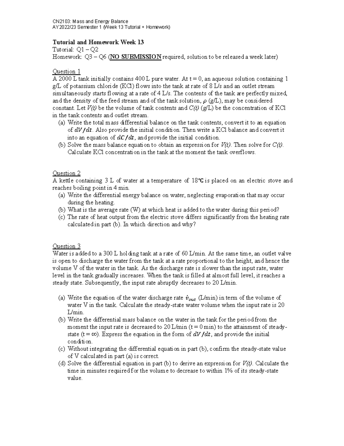 CN2103 Tutorial and Homework Week 13 - CN2103: Mass and Energy Balance AY2022/23 Semester 1 ...