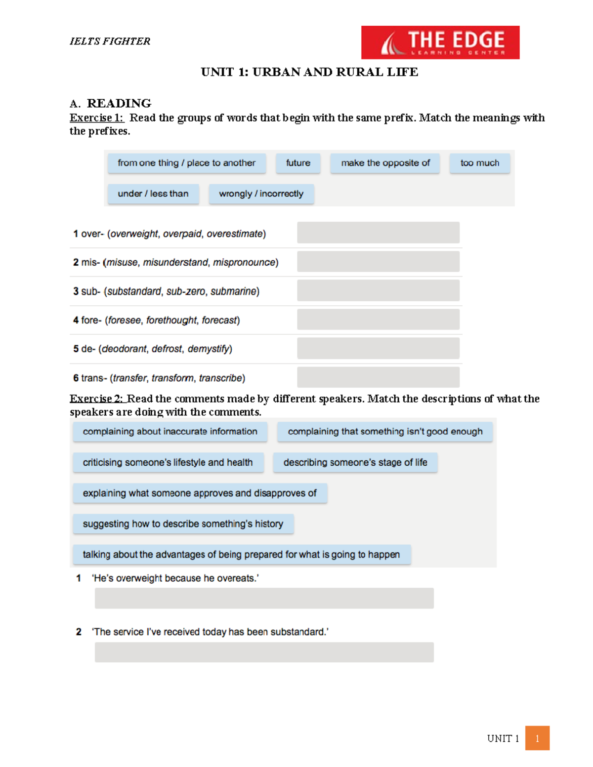 UNIT 1 Student - IELTS Writing - UNIT 1: URBAN AND RURAL LIFE A ...