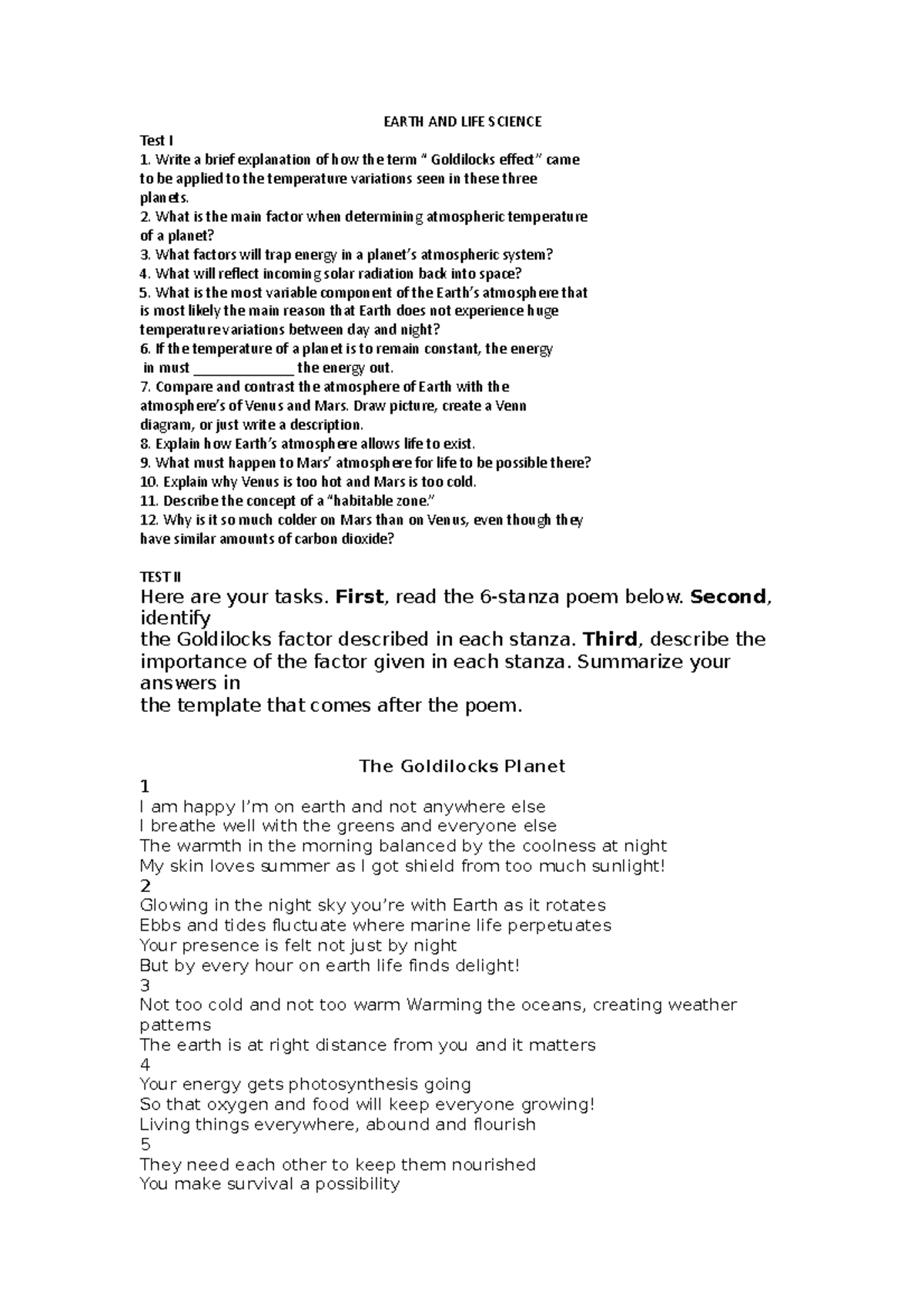 Test I - n/a - EARTH AND LIFE SCIENCE Test I Write a brief explanation ...
