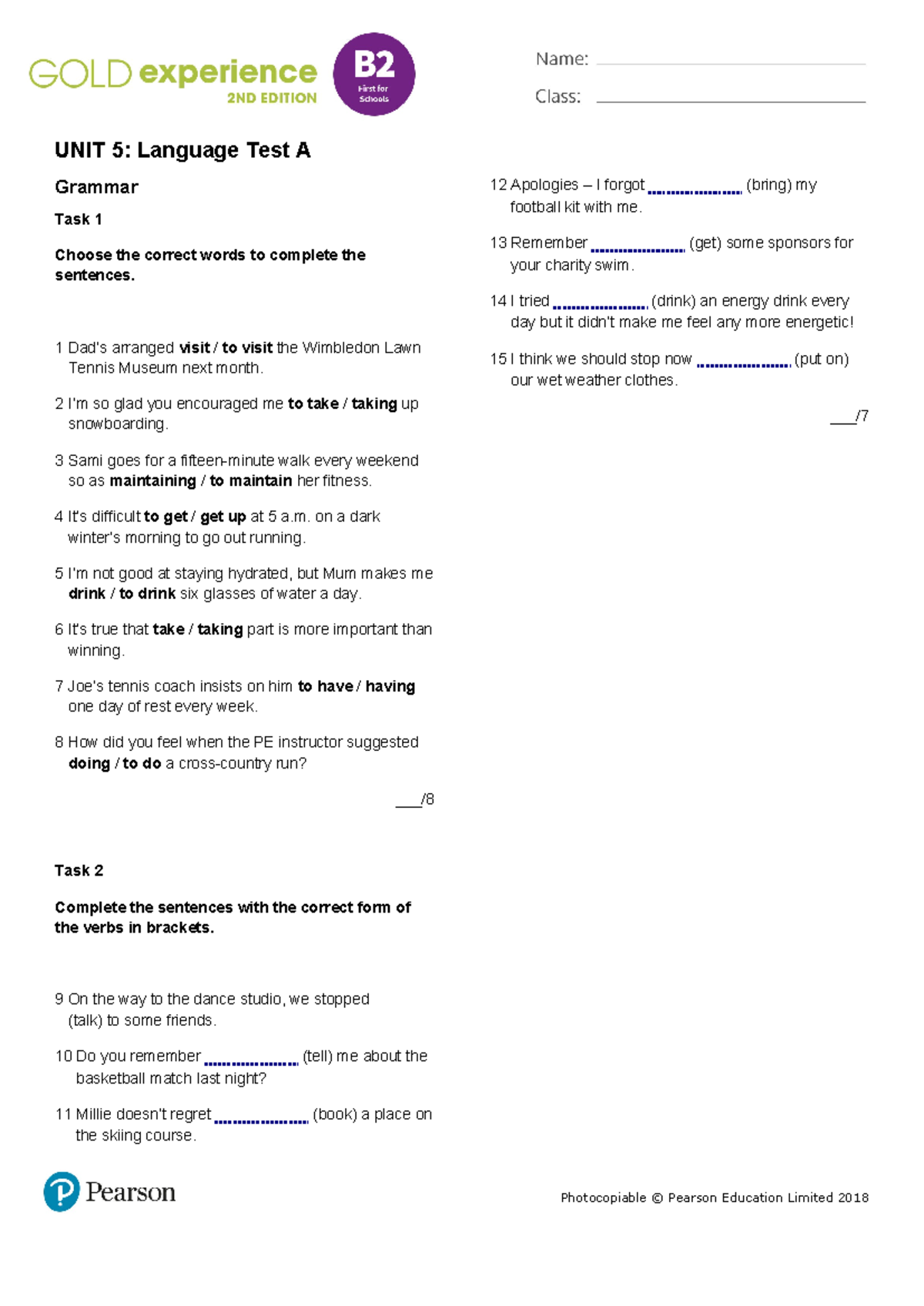 Gold Exp B2 U5 Lang Test A - UNIT 5: Language Test A Grammar Task 1 ...