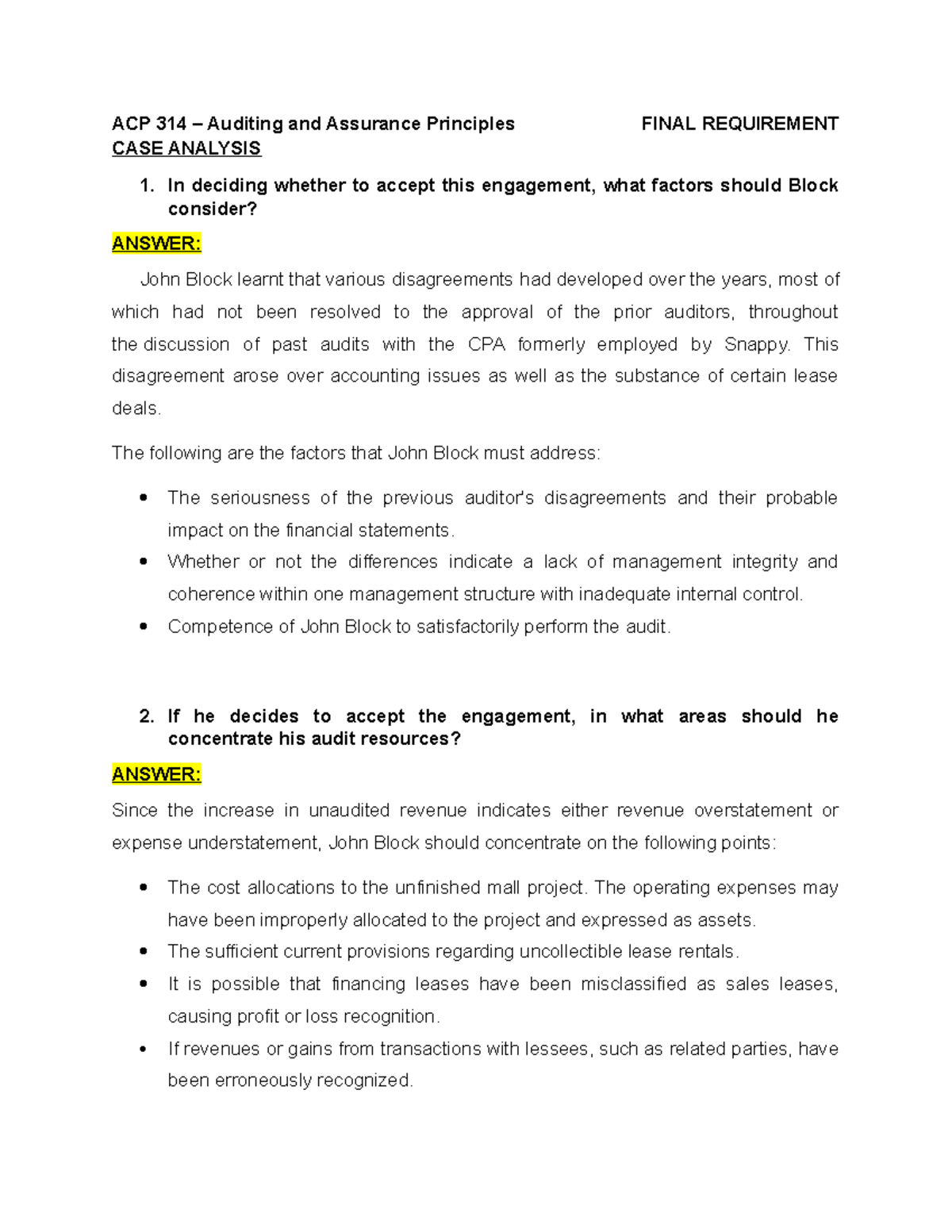 Auditing and Assurance Principles-CASE Analysis - ACP 314 – Auditing ...